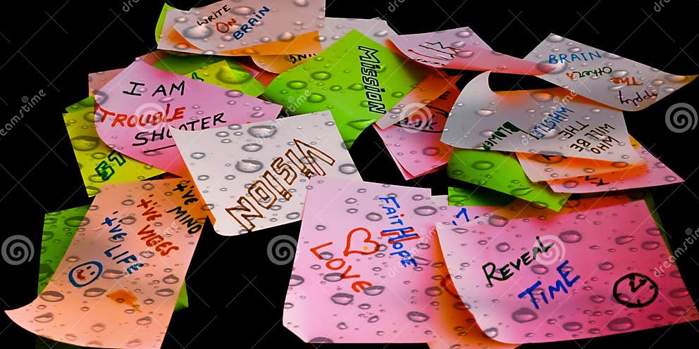 Multiple Thoughts Collection on Slips Displayed with Water Drops ...