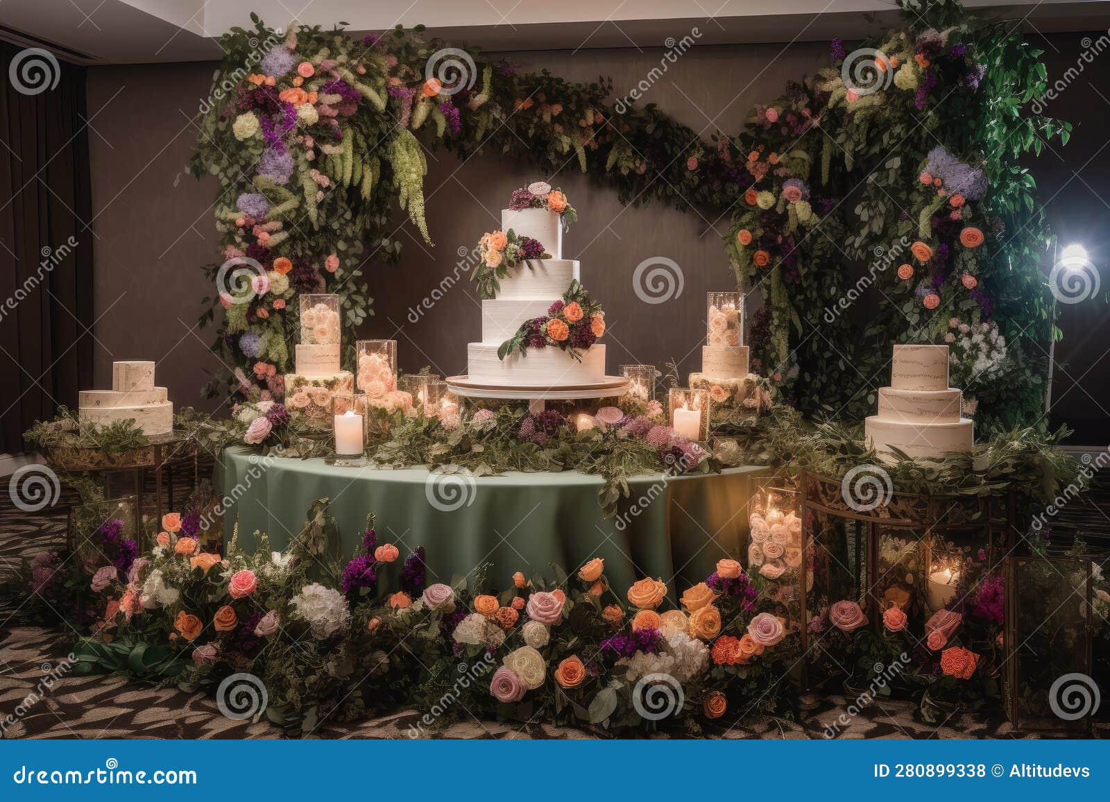Multiple Tier Wedding Cake Surrounded by Greenery and Flowers Stock ...