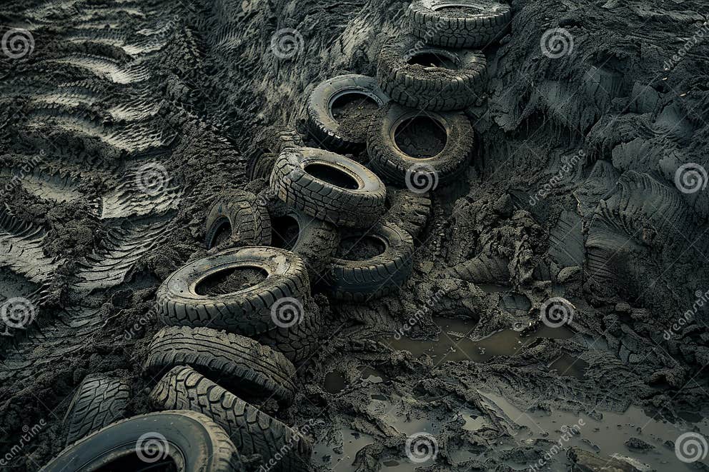 Multiple Tires are Stacked in Layers within the Mud, Creating a Dynamic ...