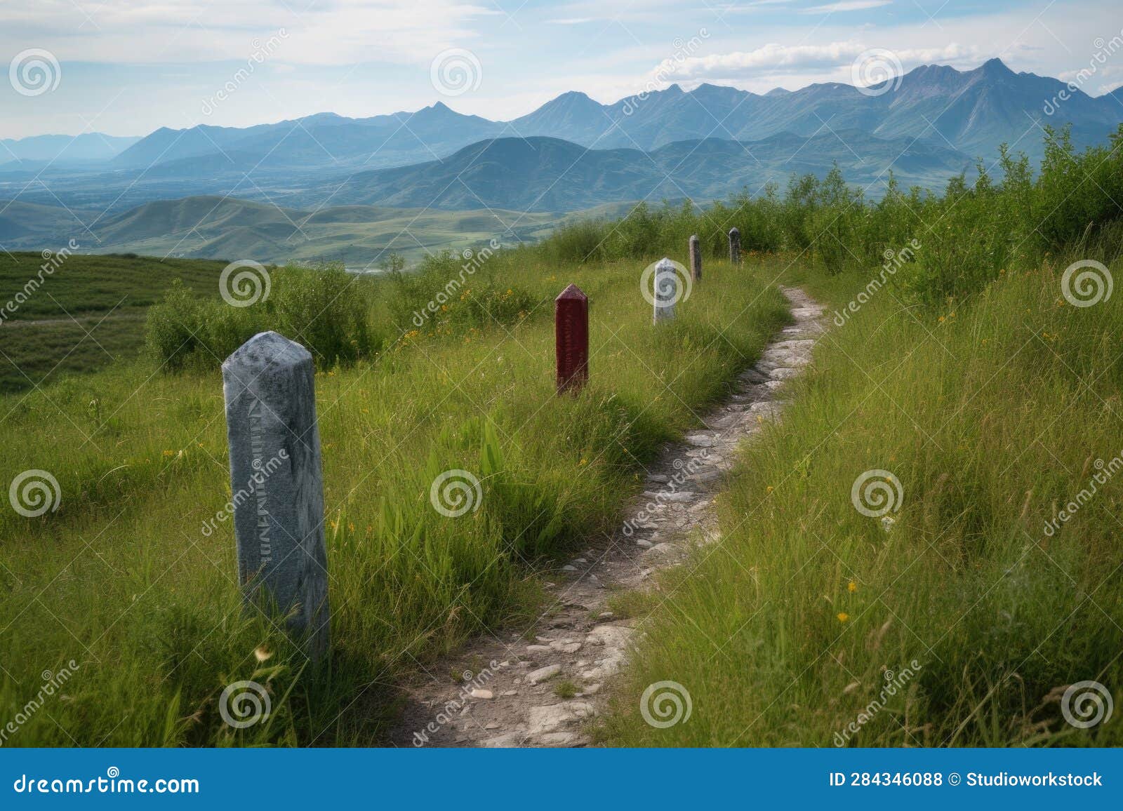 Multiple Trail Markers on a Long Hiking Path, with the View of ...