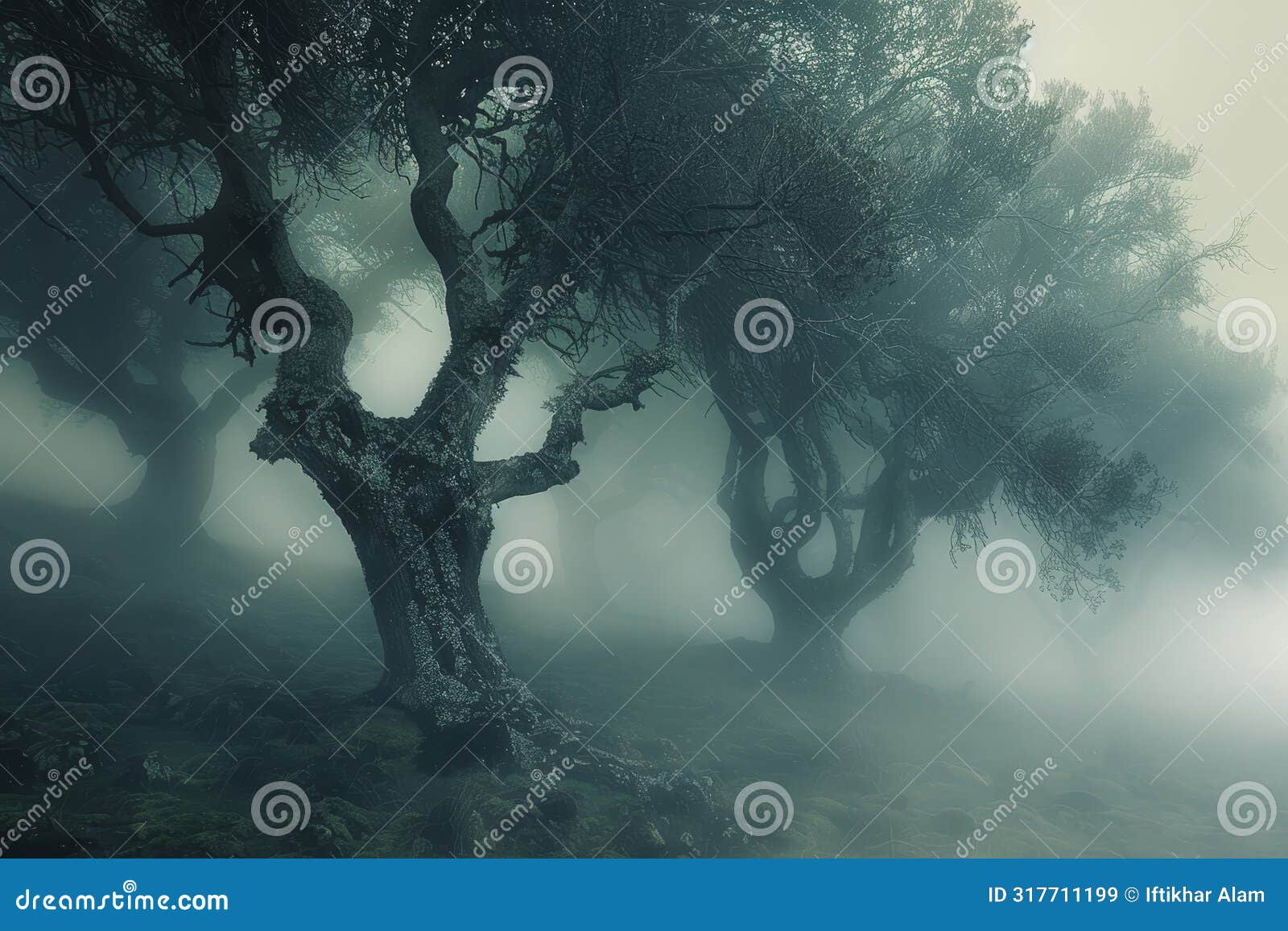 Multiple Trees Surrounded by Fog in a Dense Forest Setting, a Mystical ...
