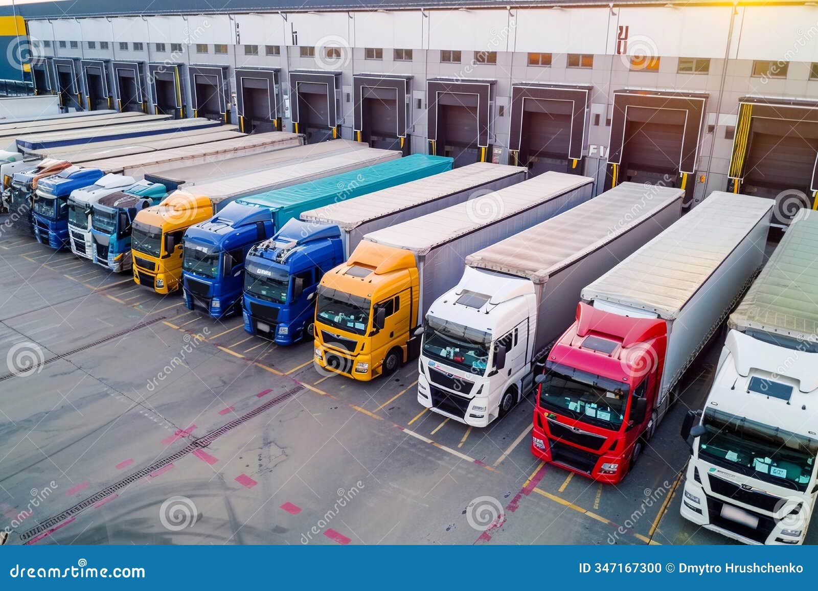 Multiple Trucks Lined Up at a Loading Dock, Ready for Cargo Loading and ...