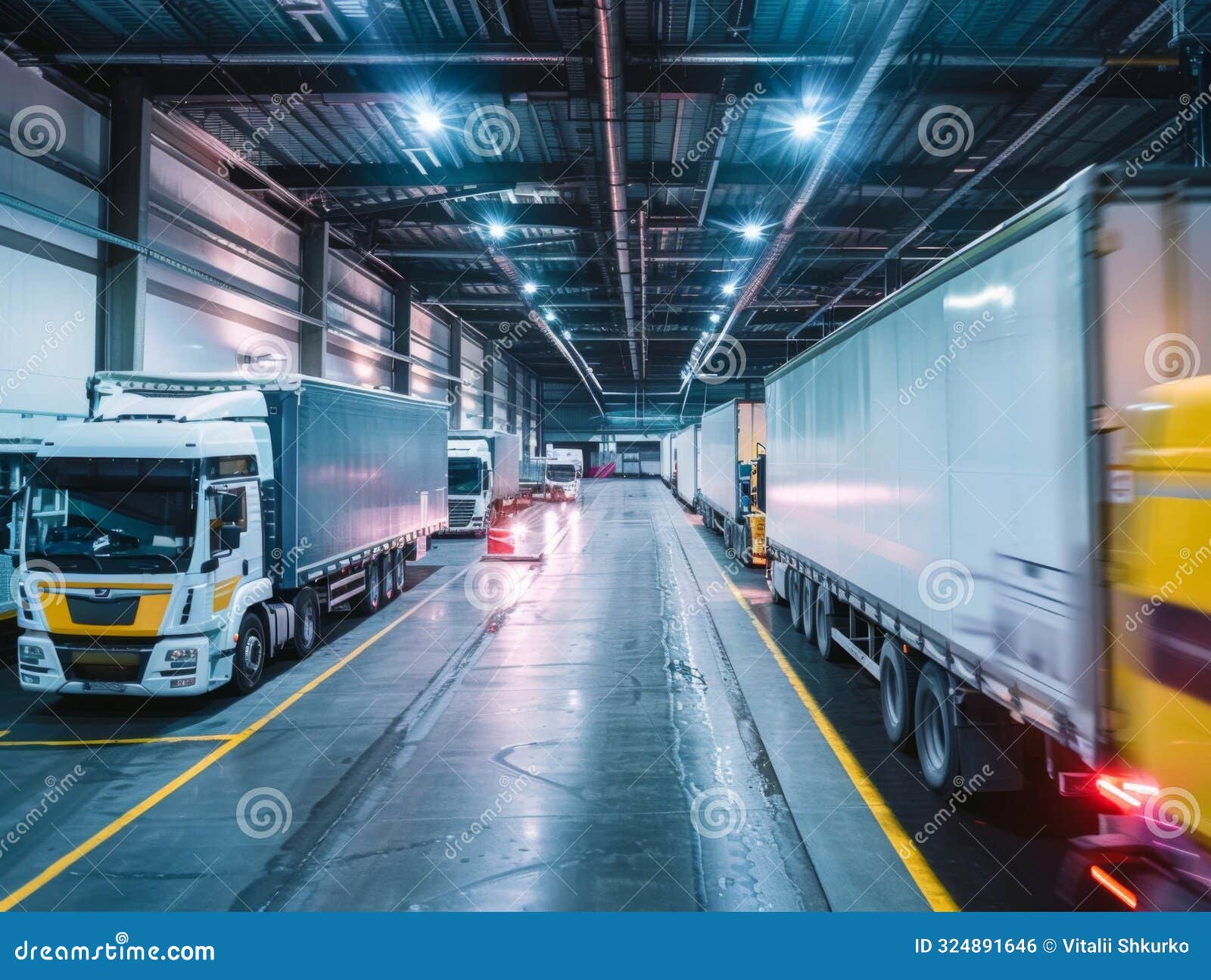 Multiple Trucks Parked and Moving Inside a Modern, Well-lit Logistics ...