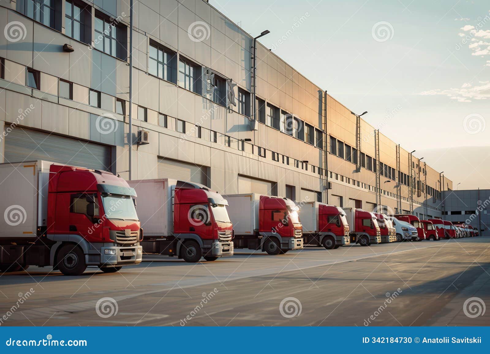 Multiple Trucks and Vans are Lined Up Outside a Warehouse, Ready for ...