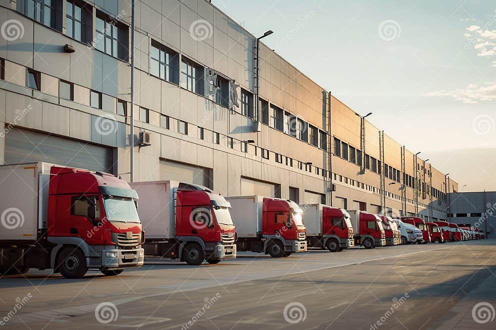 Multiple Trucks and Vans are Lined Up Outside a Warehouse, Ready for ...