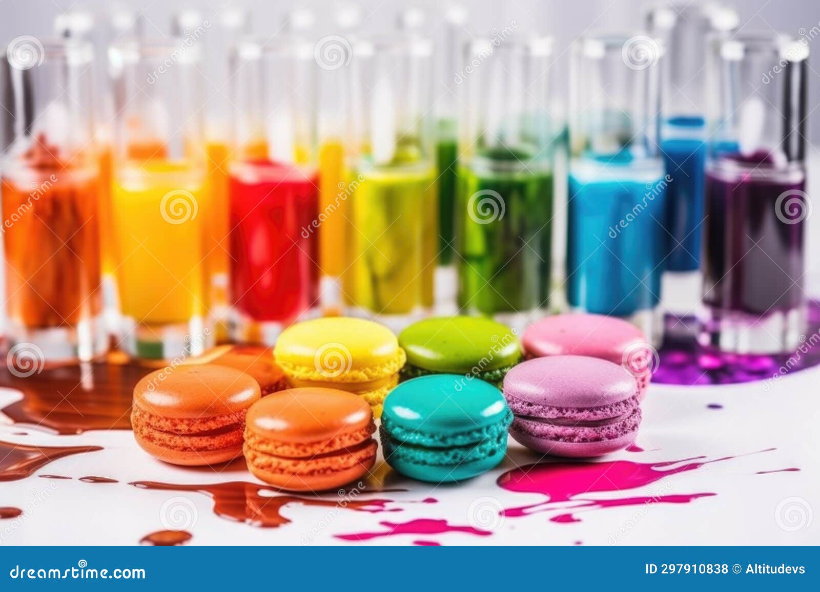 Multiple Tubes of Food Coloring with Macaron Batter in Background Stock ...