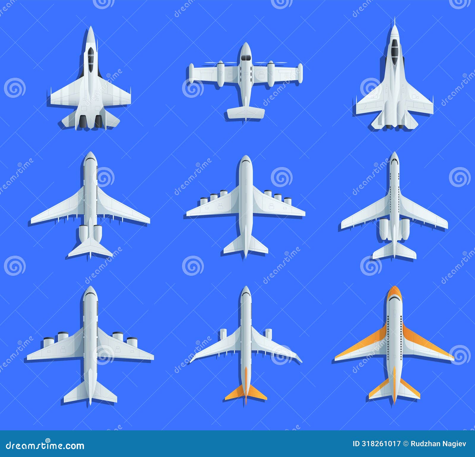 Multiple Types of Airplanes Illustrated from Various Angles, Vector ...