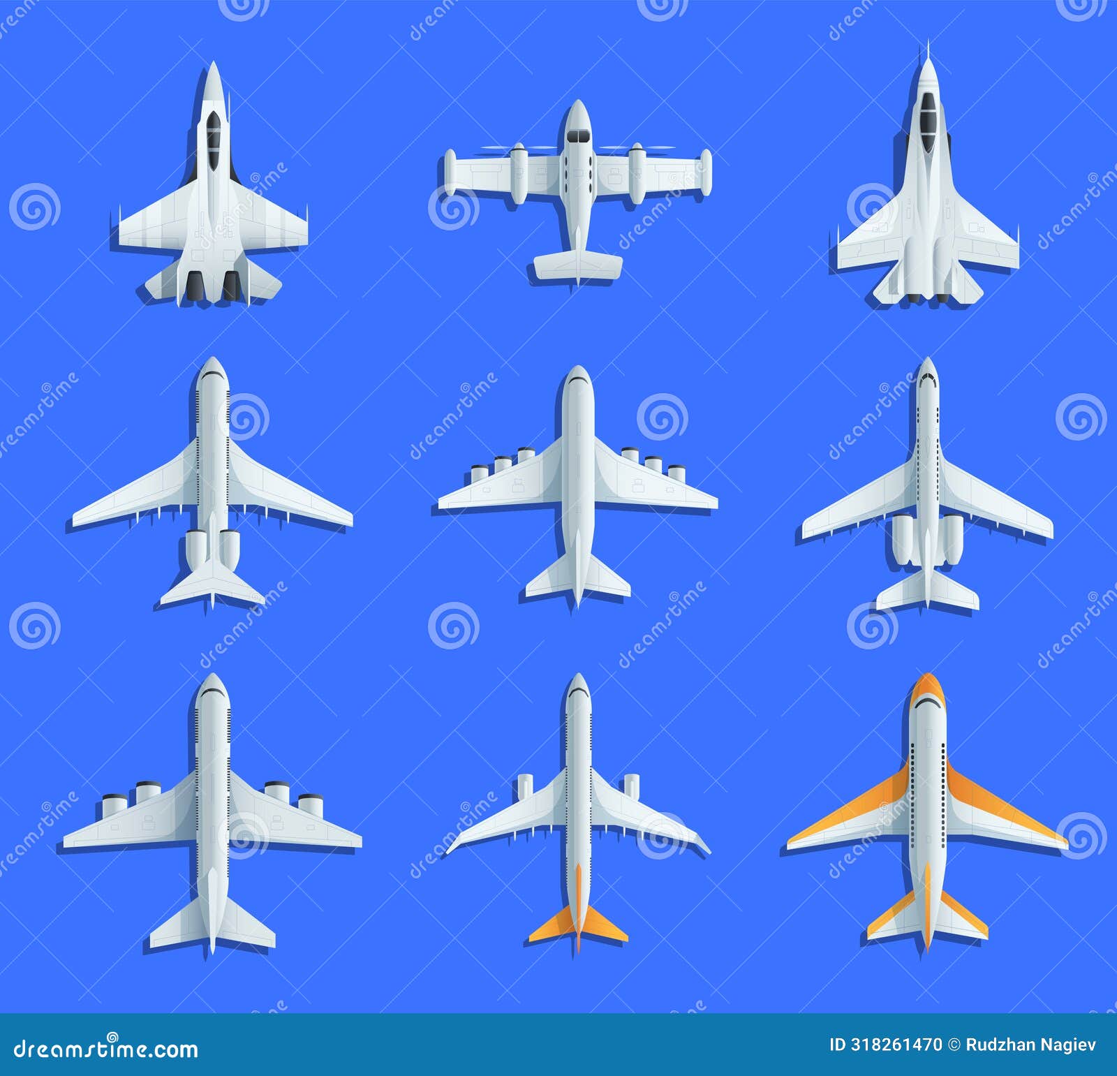 Multiple Types of Airplanes Illustrated from Various Angles, Vector ...