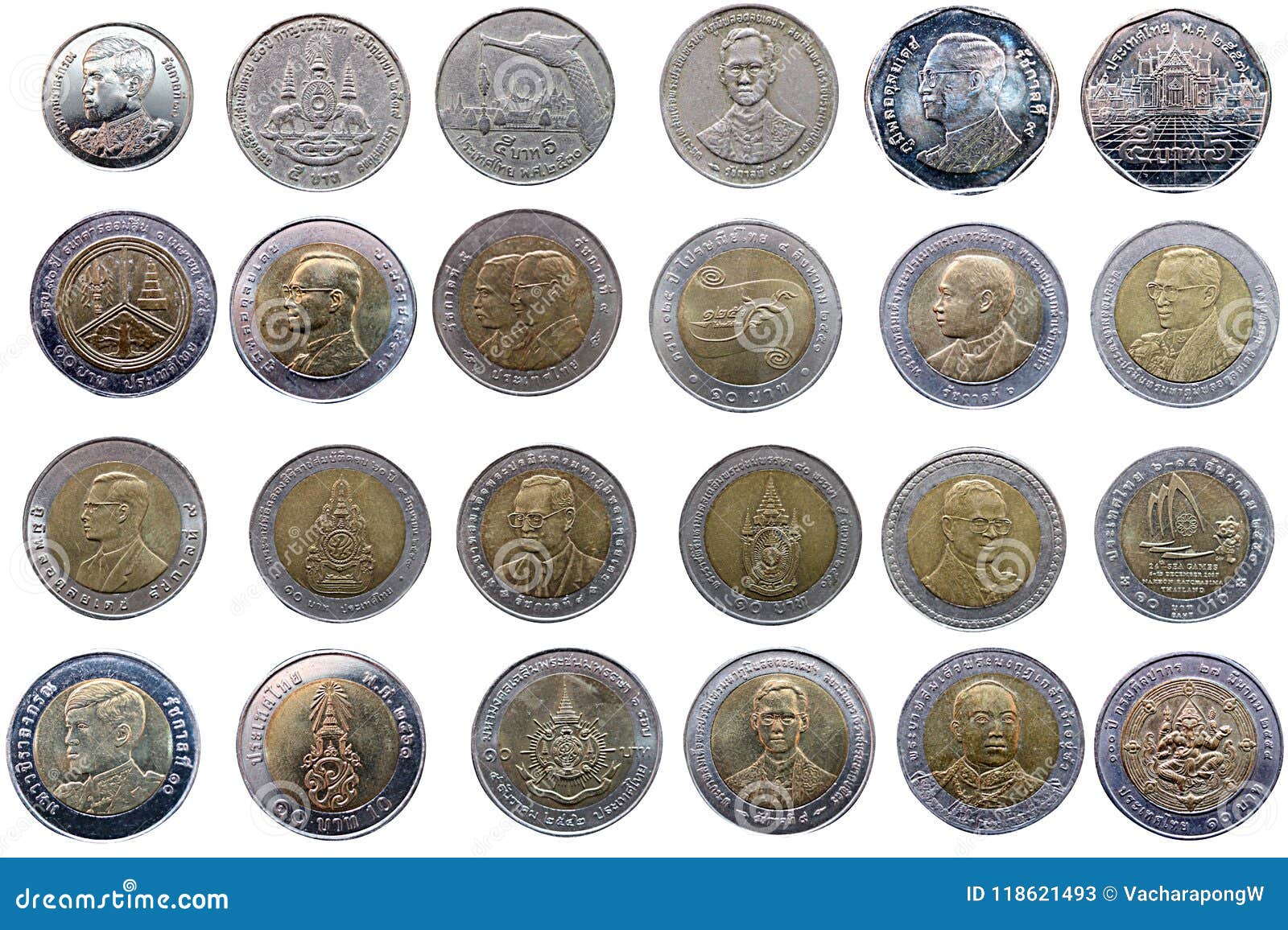 Multiple Types and Models of Thai Baht Coin on Isolated White Ba Stock ...