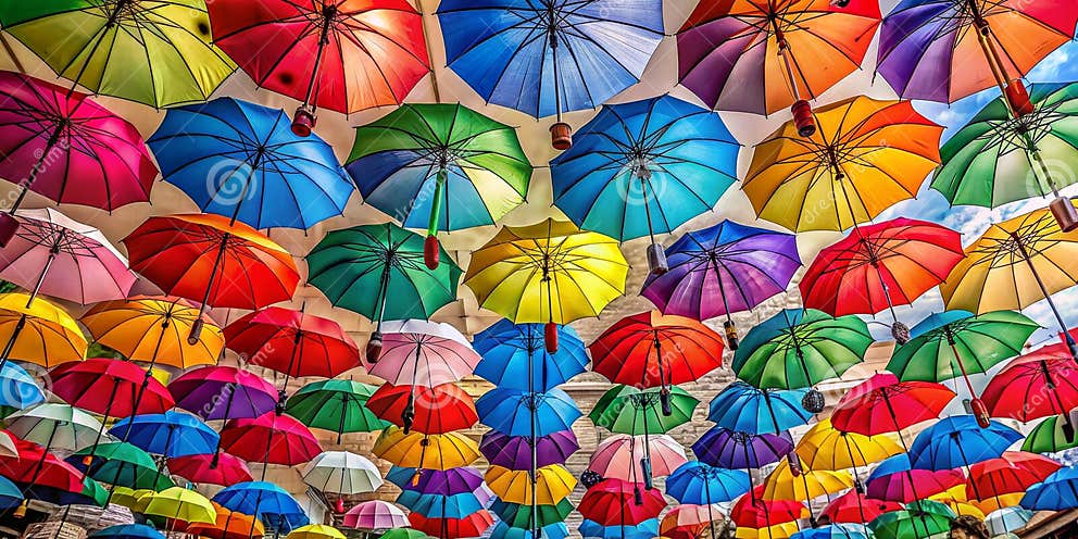 Multiple Umbrellas in Different Colors and Sizes Overhead Creating a ...