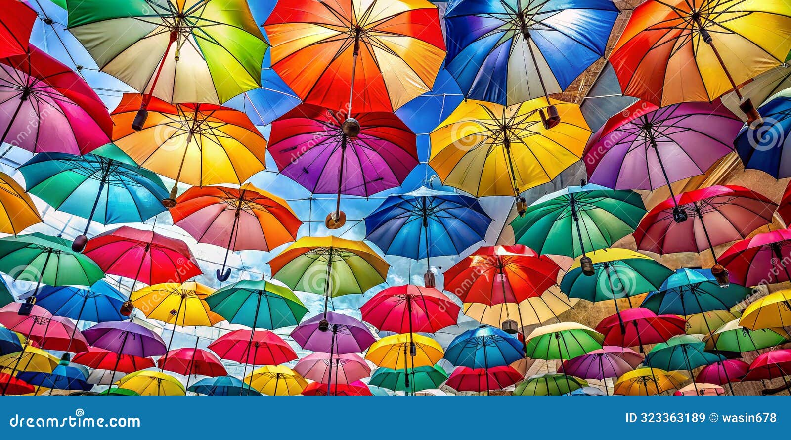Multiple Umbrellas in Different Colors and Sizes Overhead Creating a ...