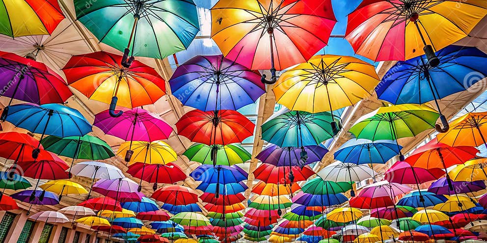 Multiple Umbrellas in Different Colors and Sizes Overhead Creating a ...