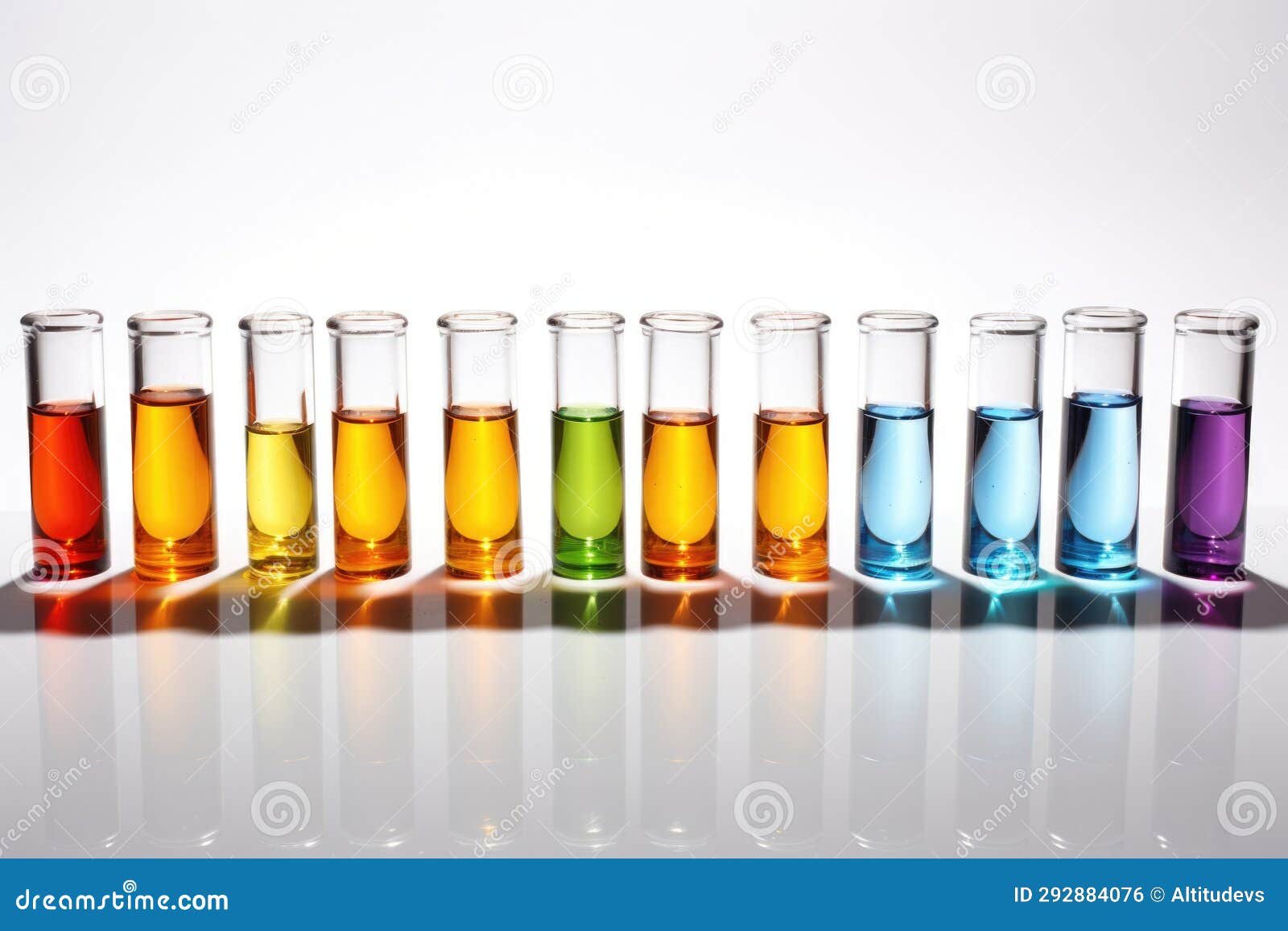 Multiple Vials with a Colorful Liquid Setup Diagonally Across a White ...