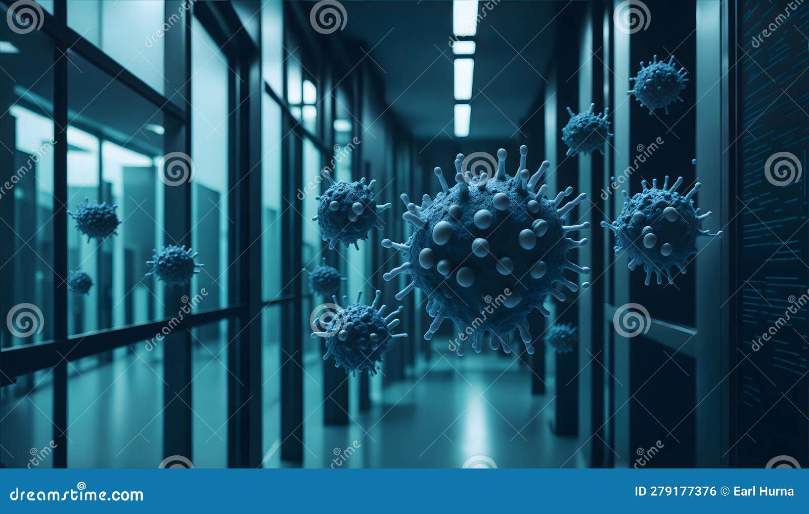 Multiple Virus Floating in the Air in Office Corridor Background Stock ...