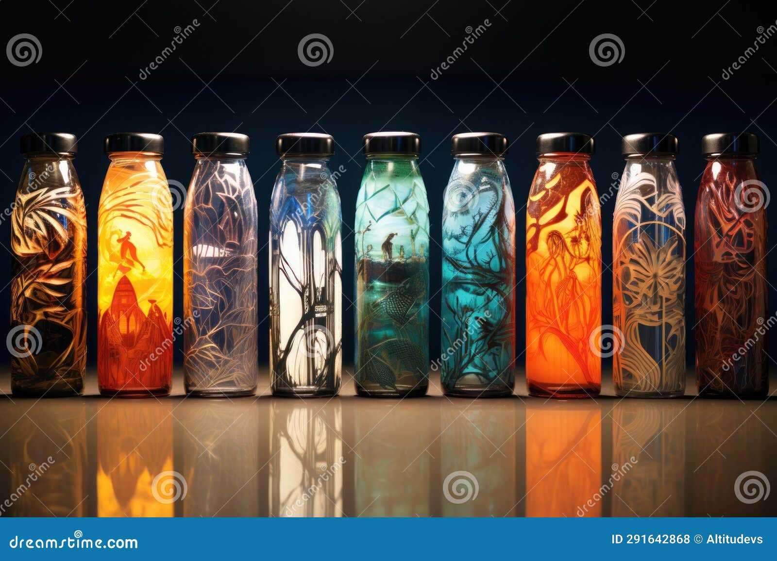 Multiple Water Bottles, Each with Distinct Modern and Traditional ...