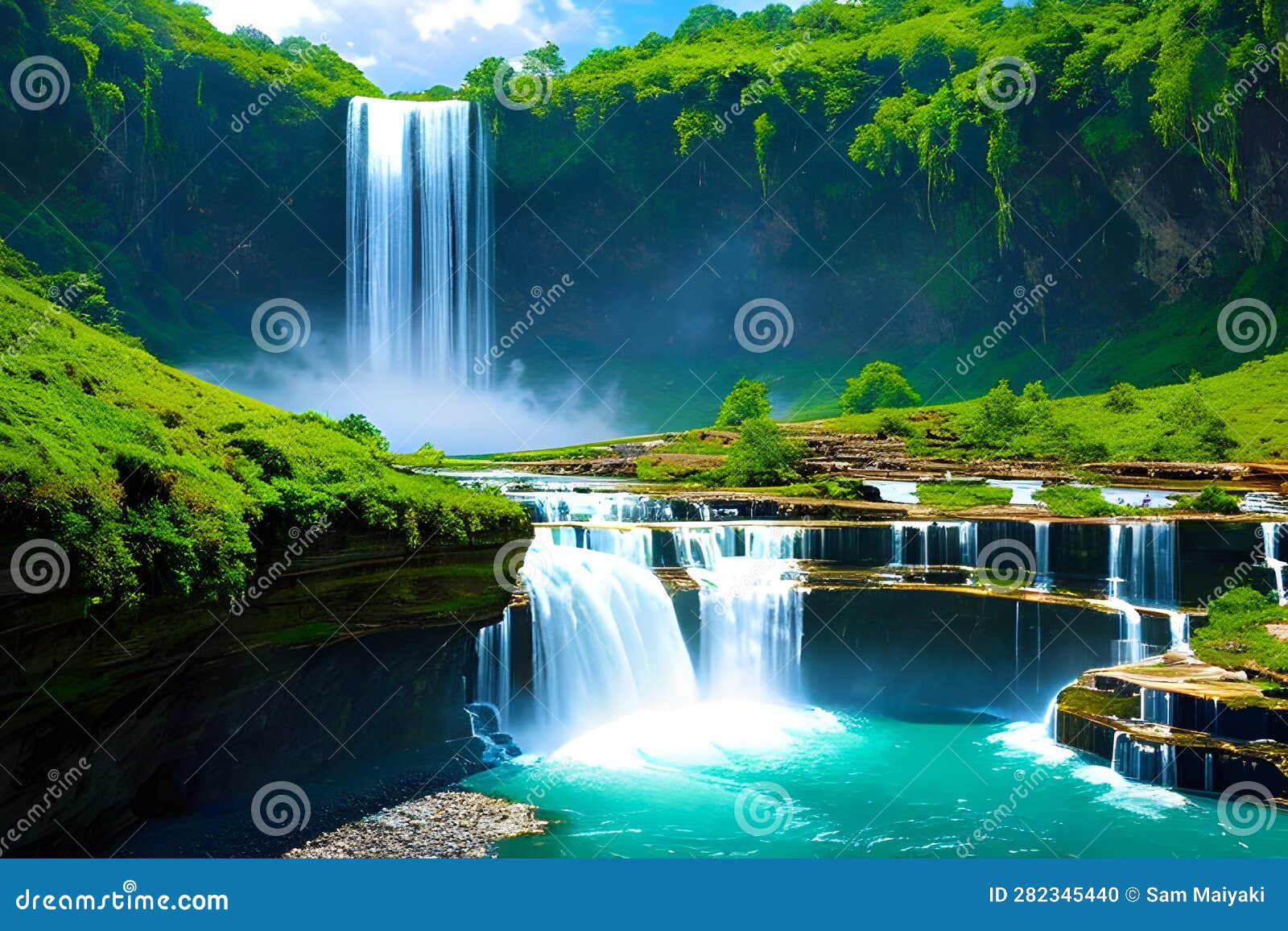 Multiple Waterfalls with Clear Water Flowing into an Open River ...