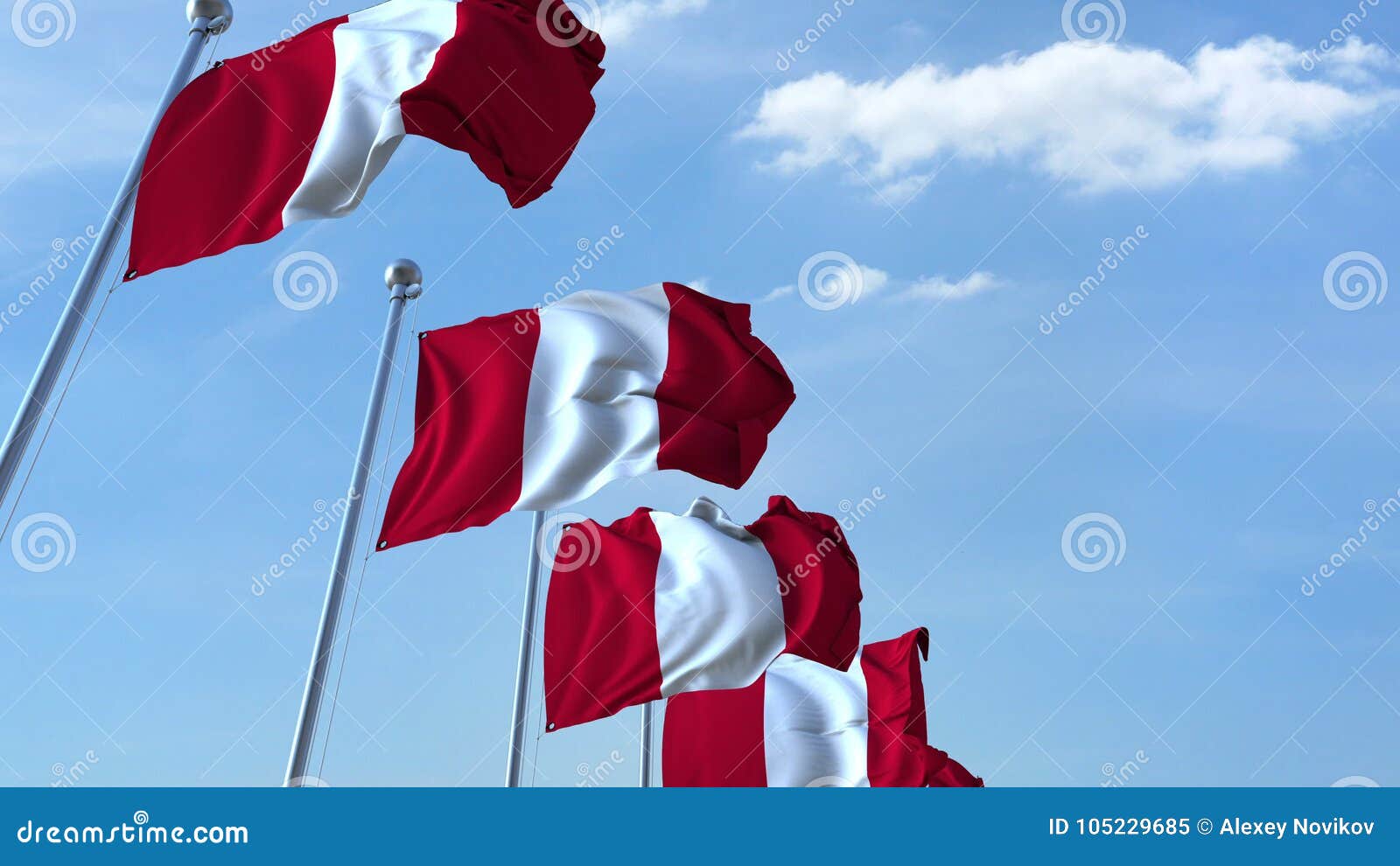 Multiple Waving Flags of Peru Against the Blue Sky. 3D Rendering Stock ...