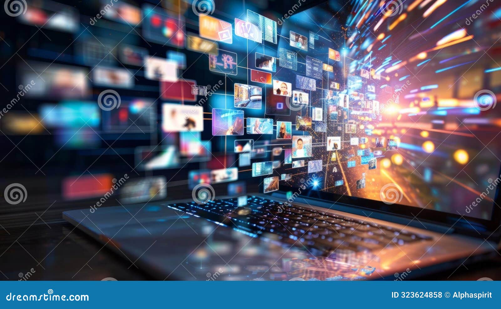 Multiple Windows and Images Popping Up from a Laptop Screen Stock Photo ...