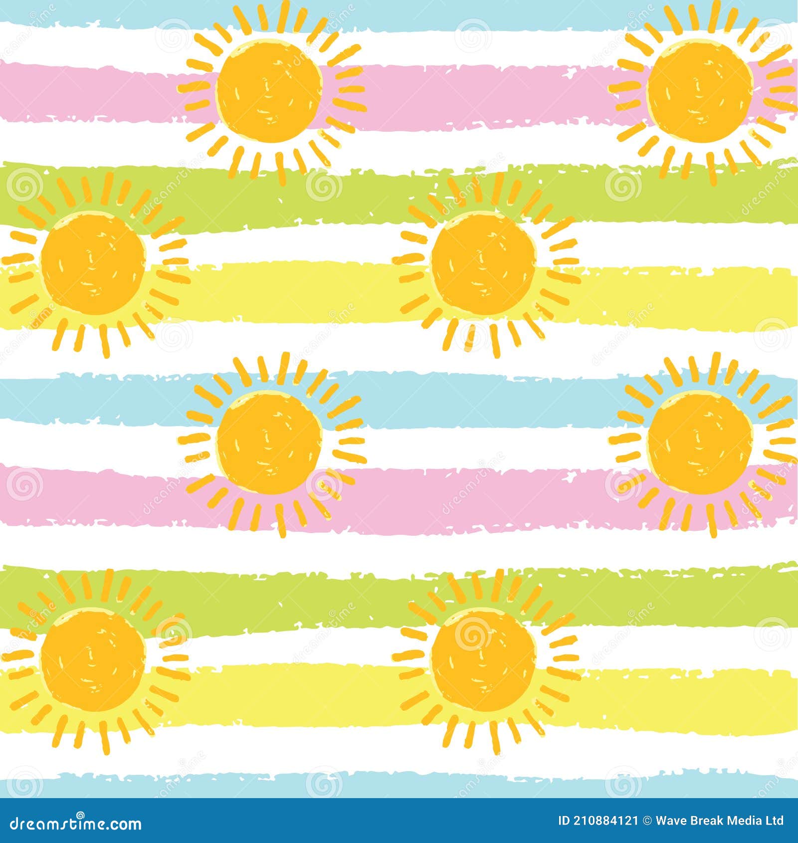 Multiple Yellow Suns and Colourful Stripes on White Background Stock ...