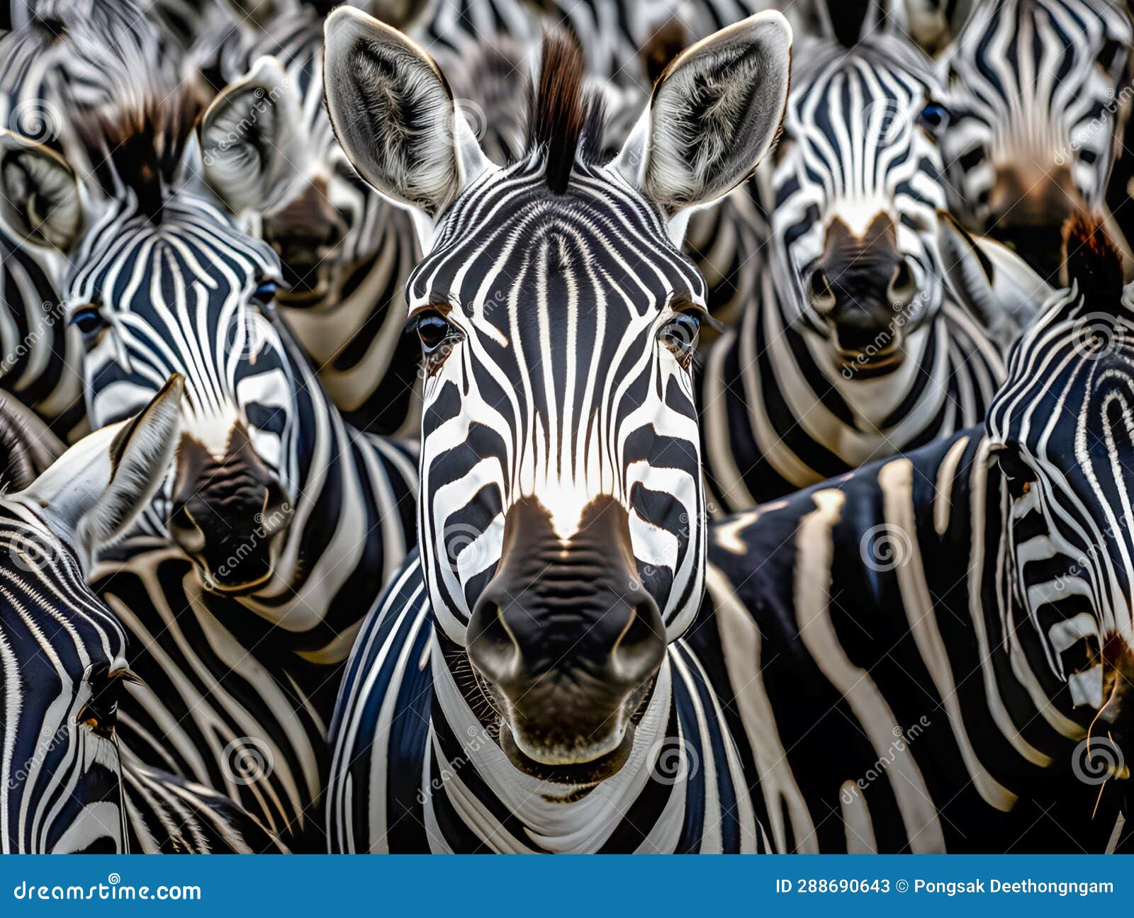 Multiple Zebra Face only Packed Together and Straight Look the Same Way ...