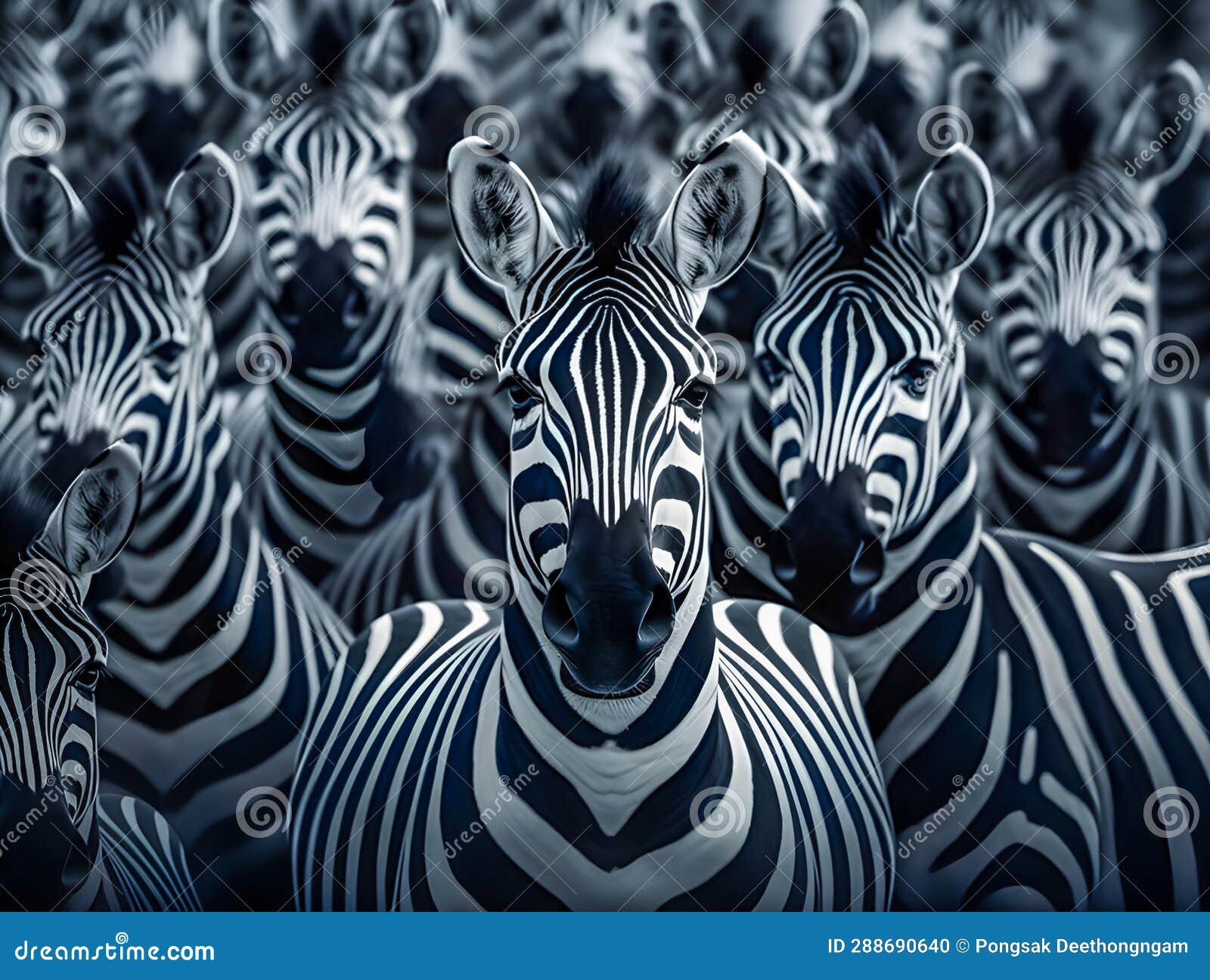 Multiple Zebra Face only Packed Together and Straight Look the Same Way ...