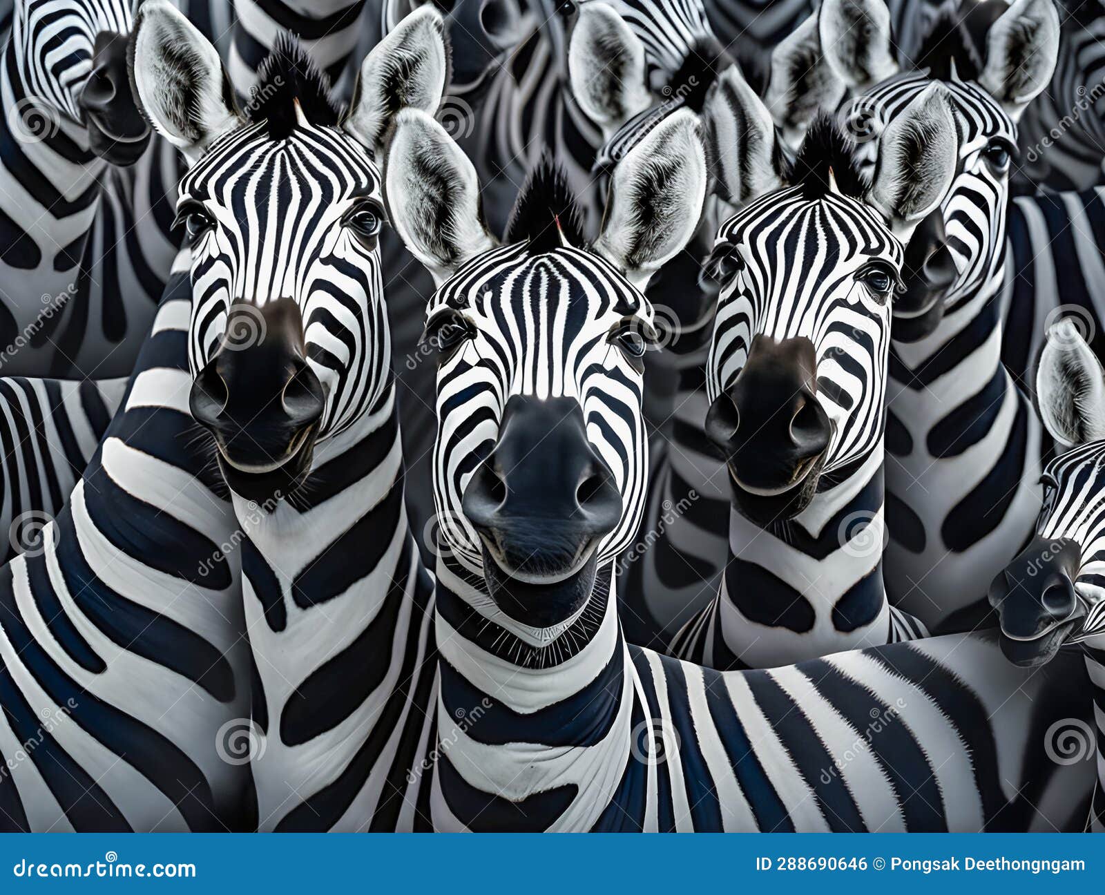 Multiple Zebra Face only Packed Together and Straight Look the Same Way ...