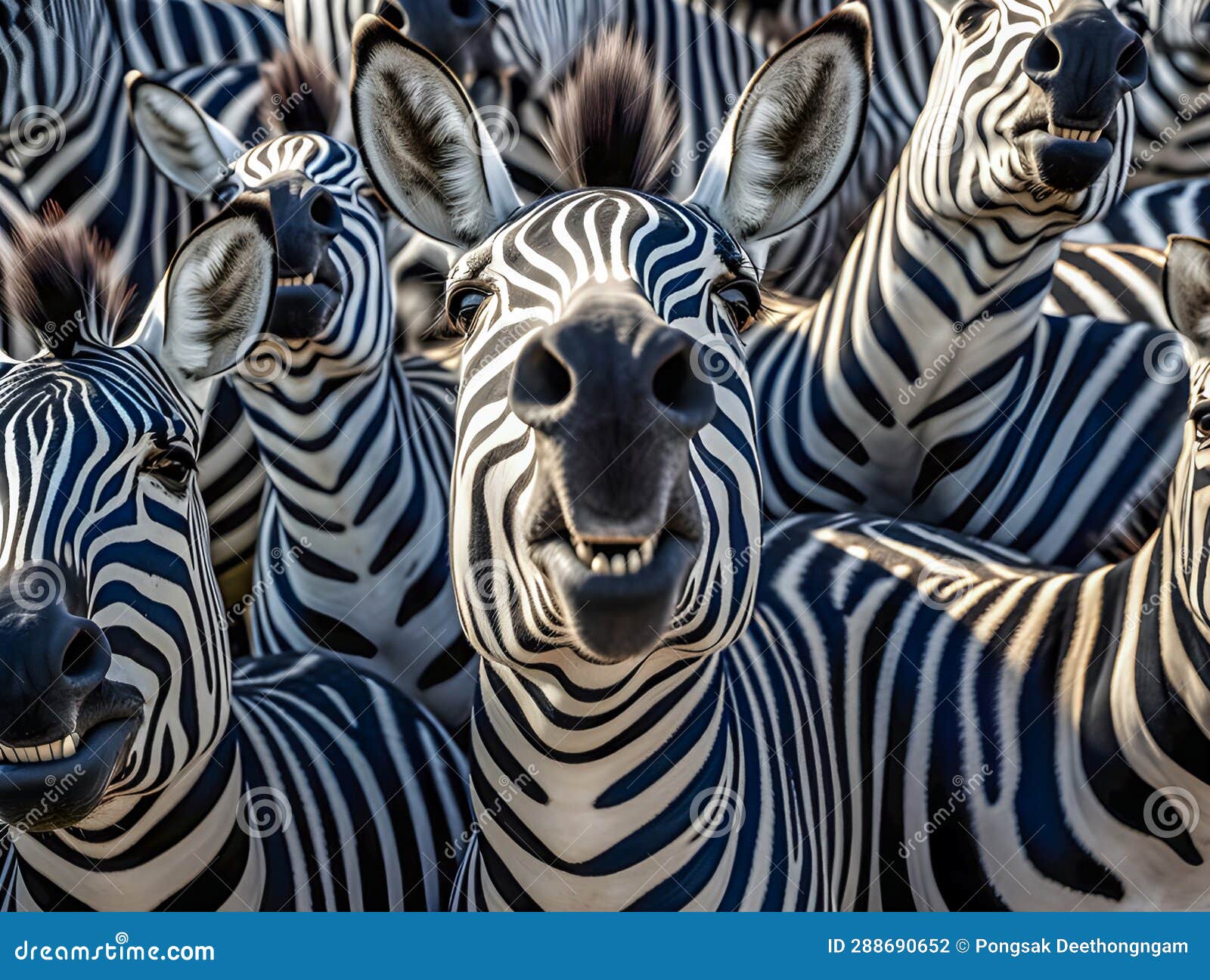 Multiple Zebra Face only Packed Together and Straight Look the Same Way ...