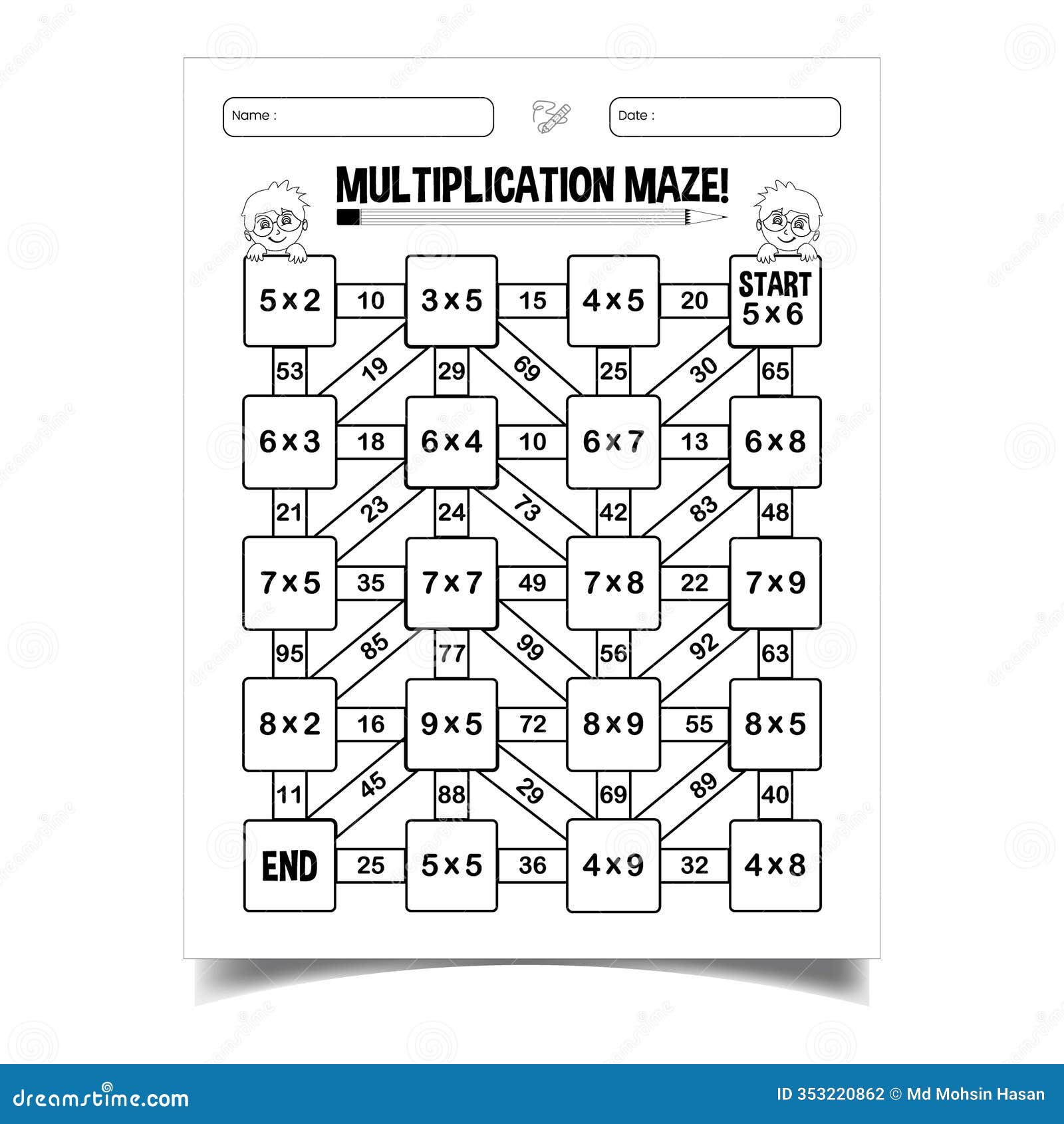Multiplication Maze Puzzle Worksheet for Children Stock Illustration ...