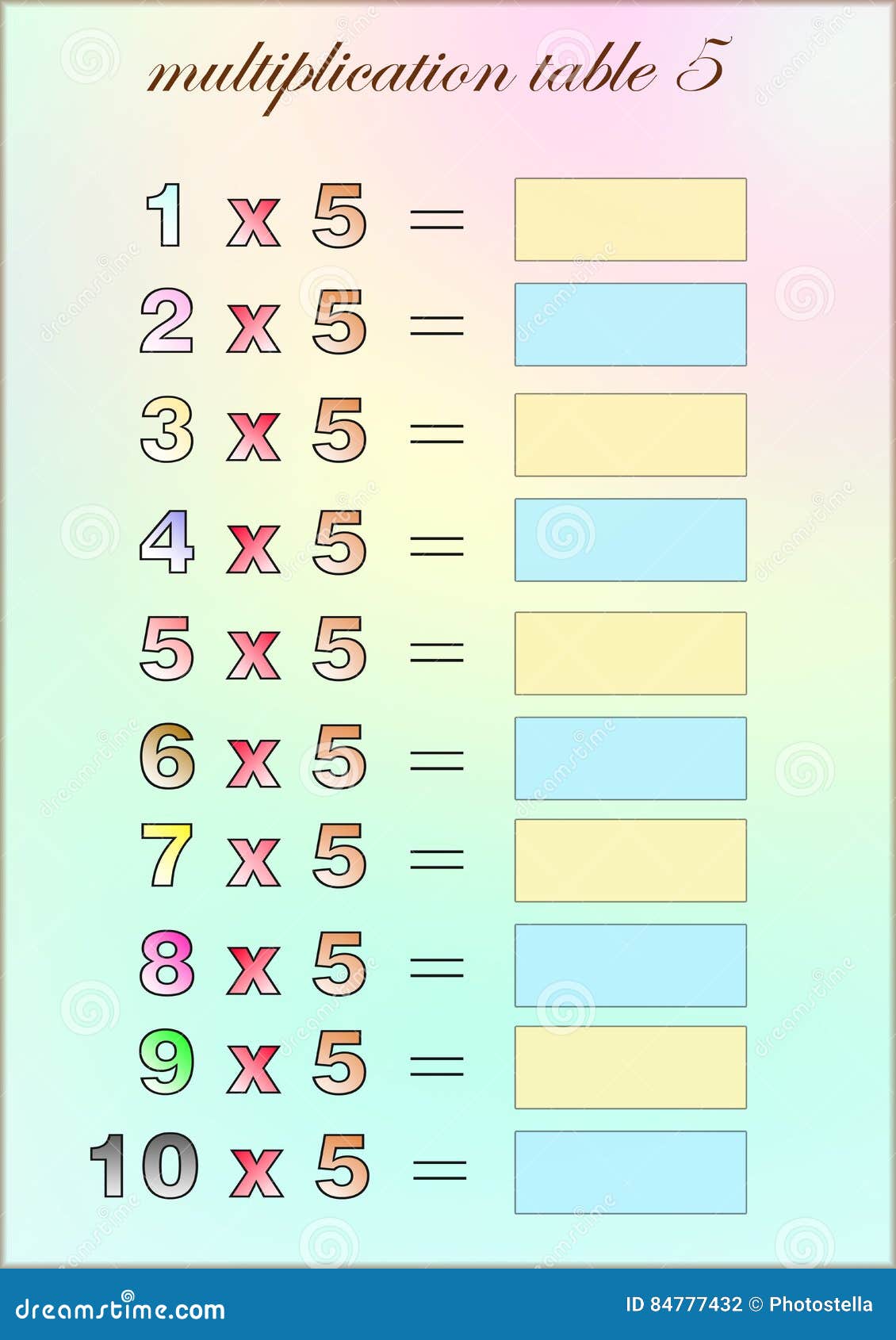 Multiplication Table of Five with Empty Space To Write Stock ...