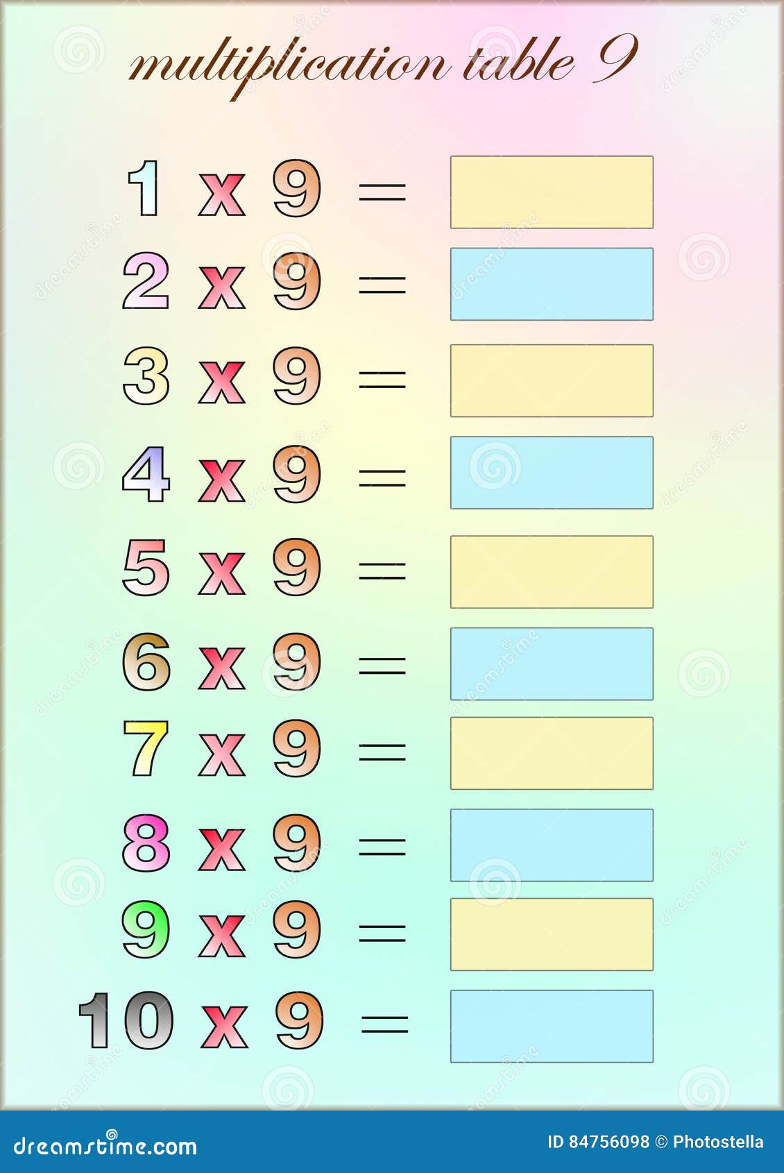 Multiplication Table of Nine with Empty Space To Write Stock ...