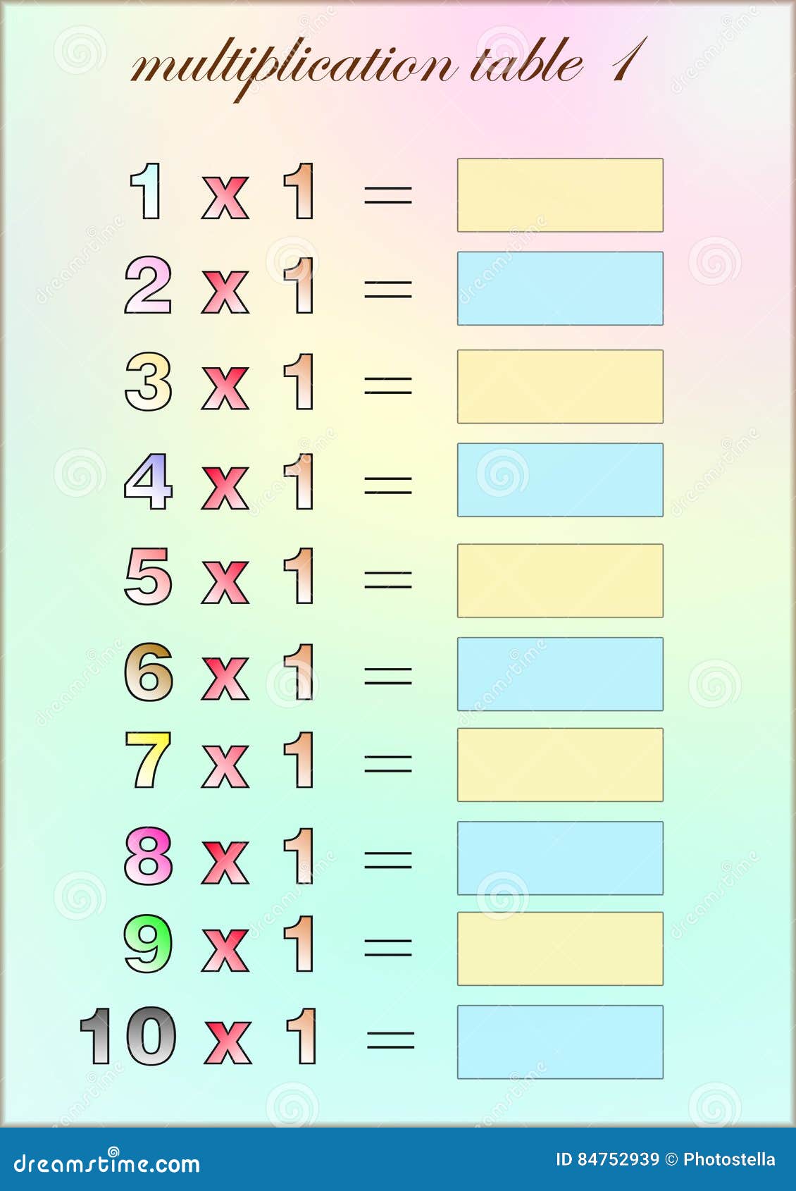 Multiplication Table of One with Empty Space To Write Stock ...