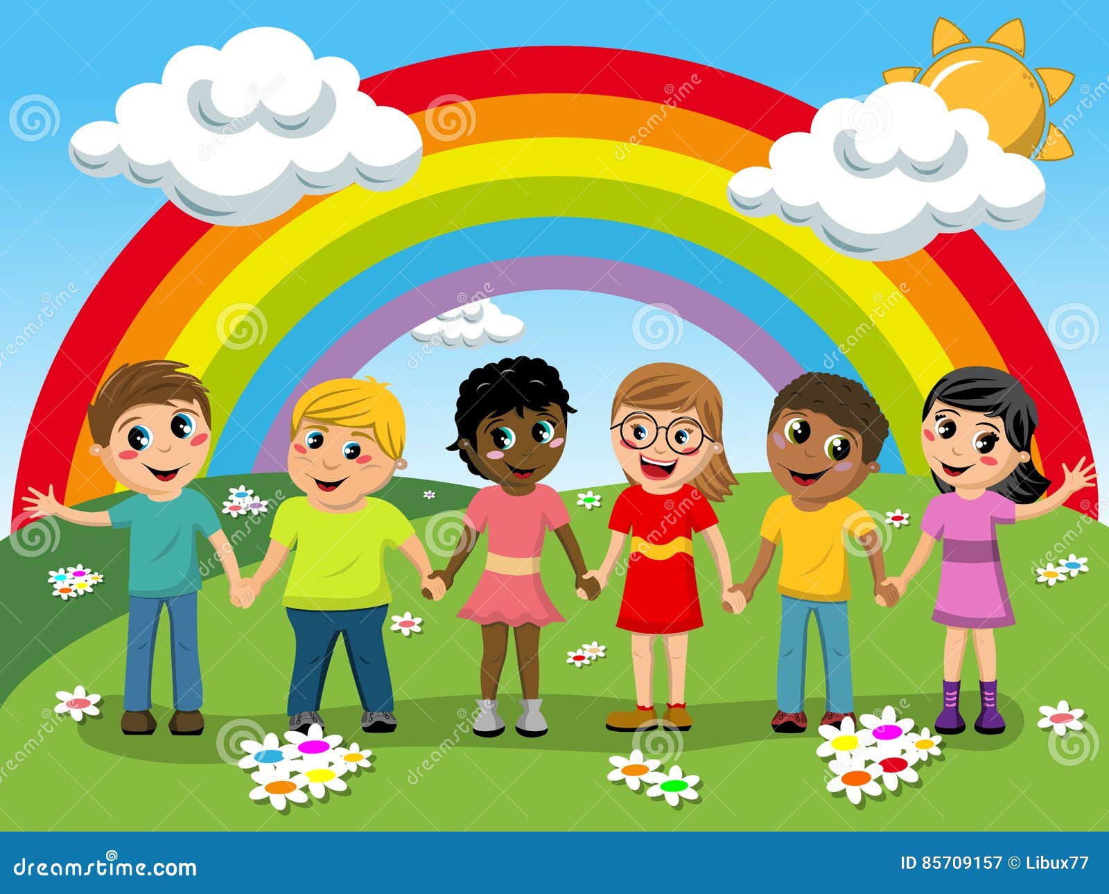 Multiracial Children Kids Hand in Hand Meadow Rainbow Stock Vector ...
