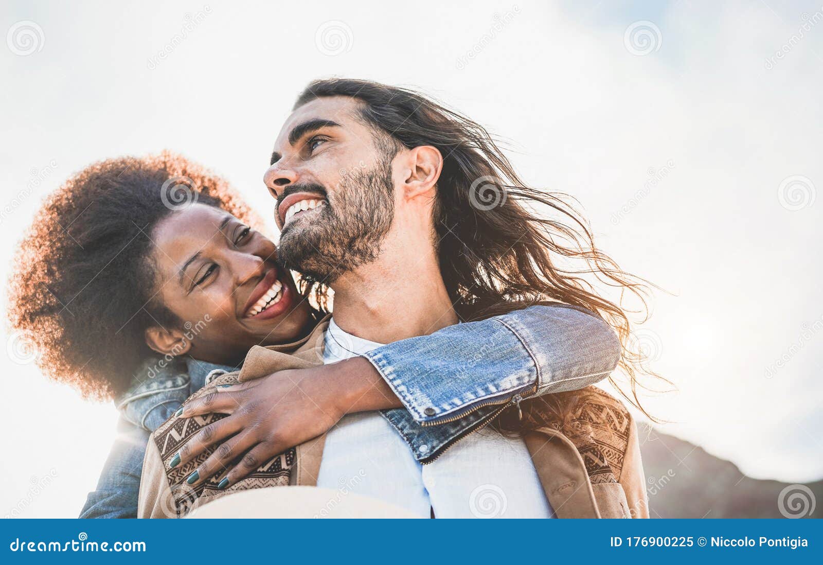 Multiracial Couple Having Tender Moments Outdoor Caucasian Man And