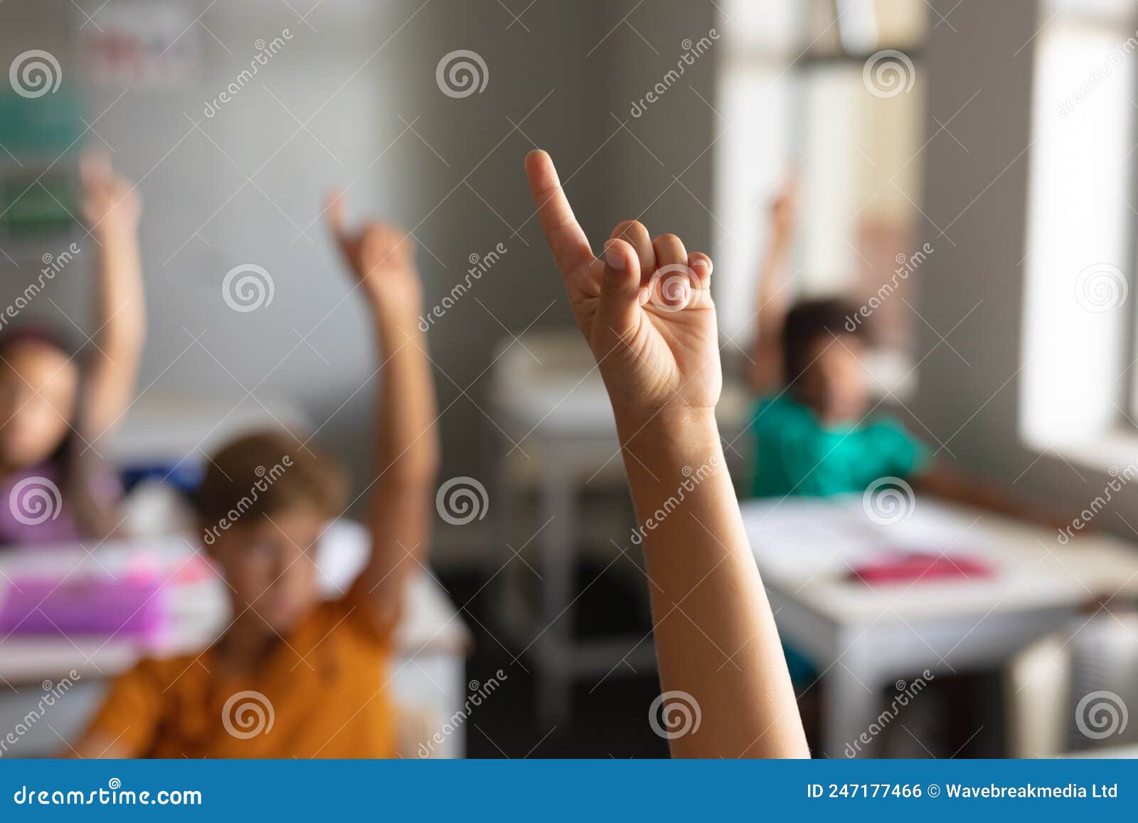 Multiracial Elementary School Students with Hands Raised during Class ...