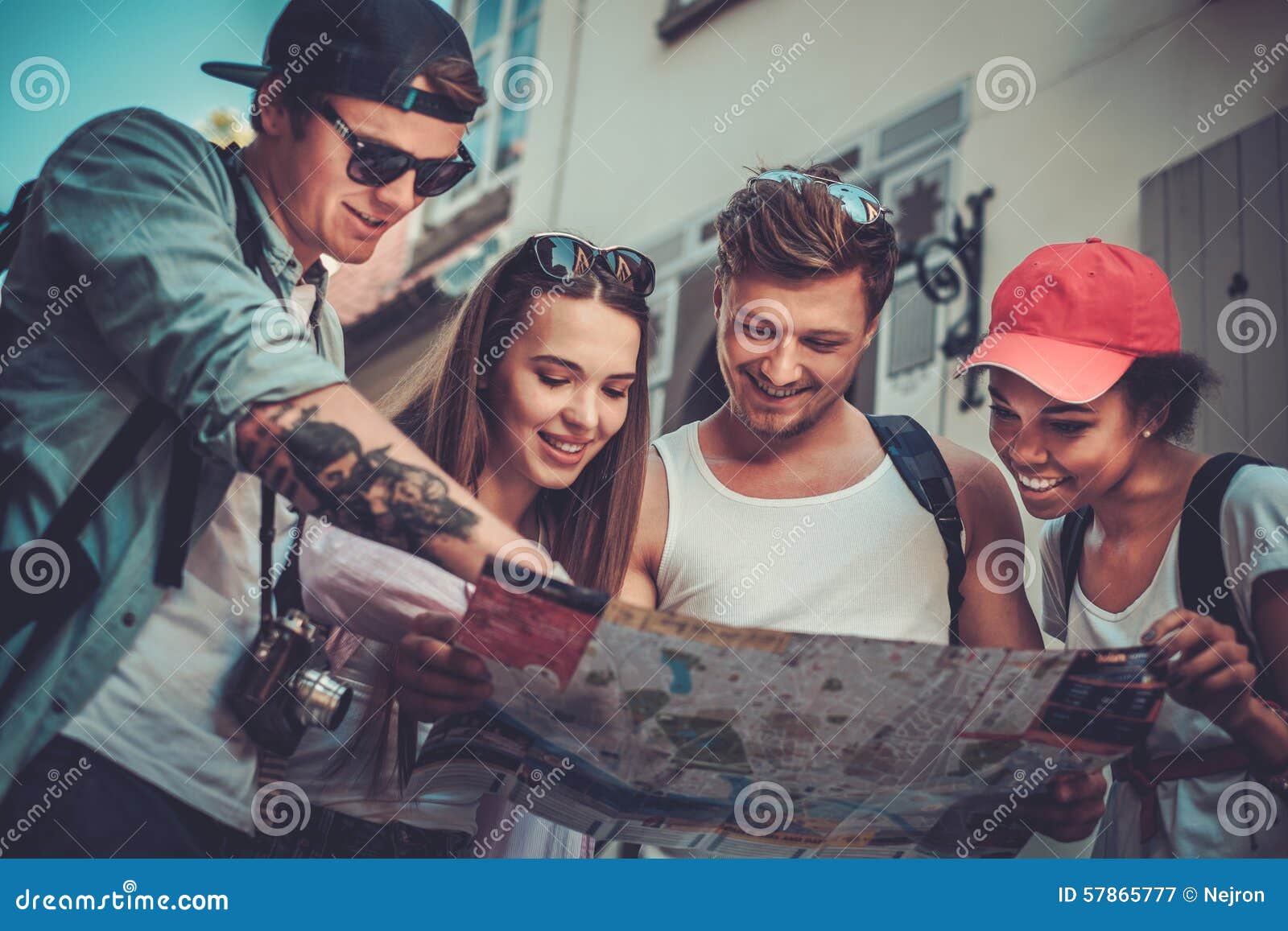 Multiracial Friends Tourists with Map Stock Image - Image of city ...