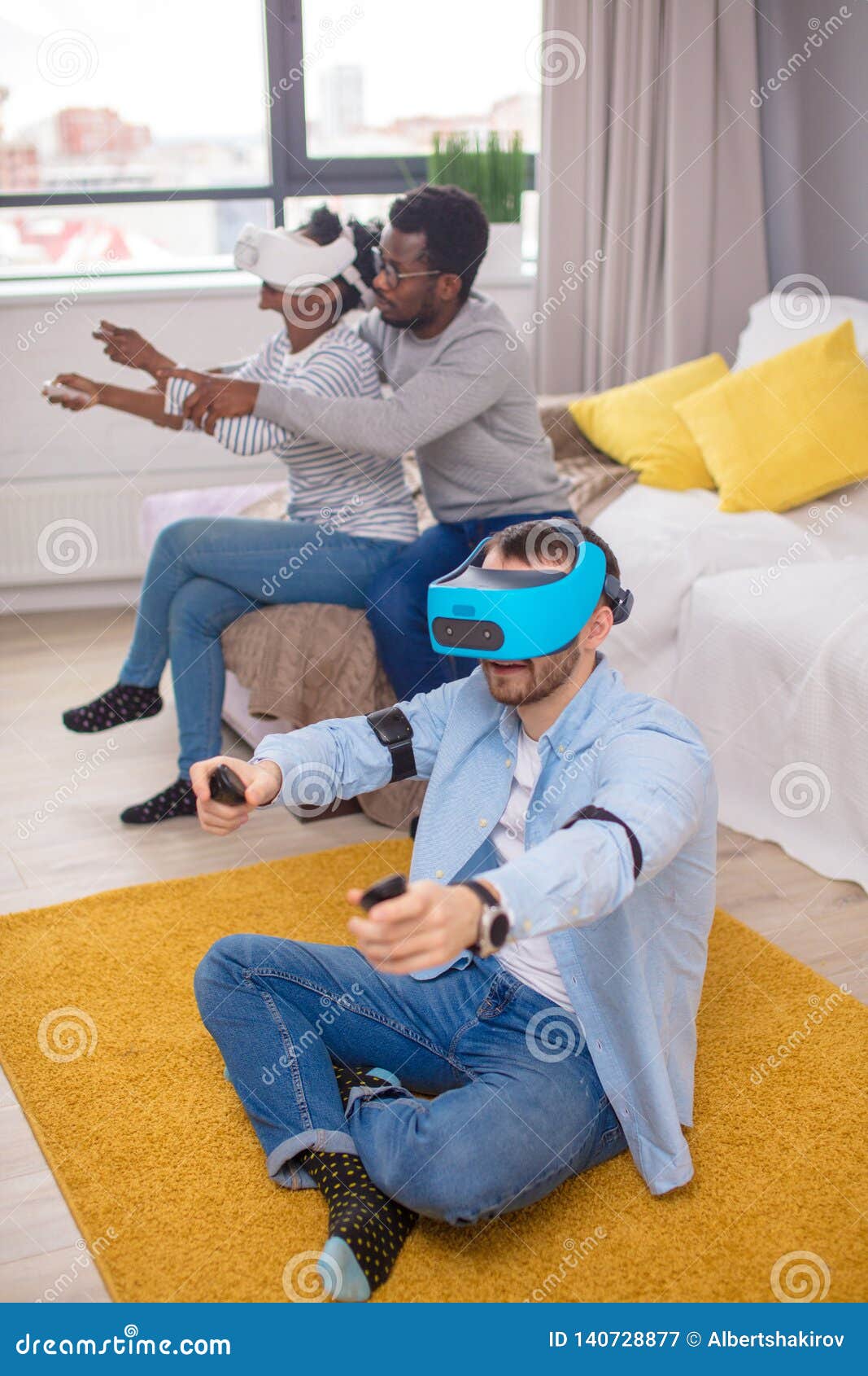 Multiracial Group of Friends Having Fun Trying on 3D Virtual Reality ...