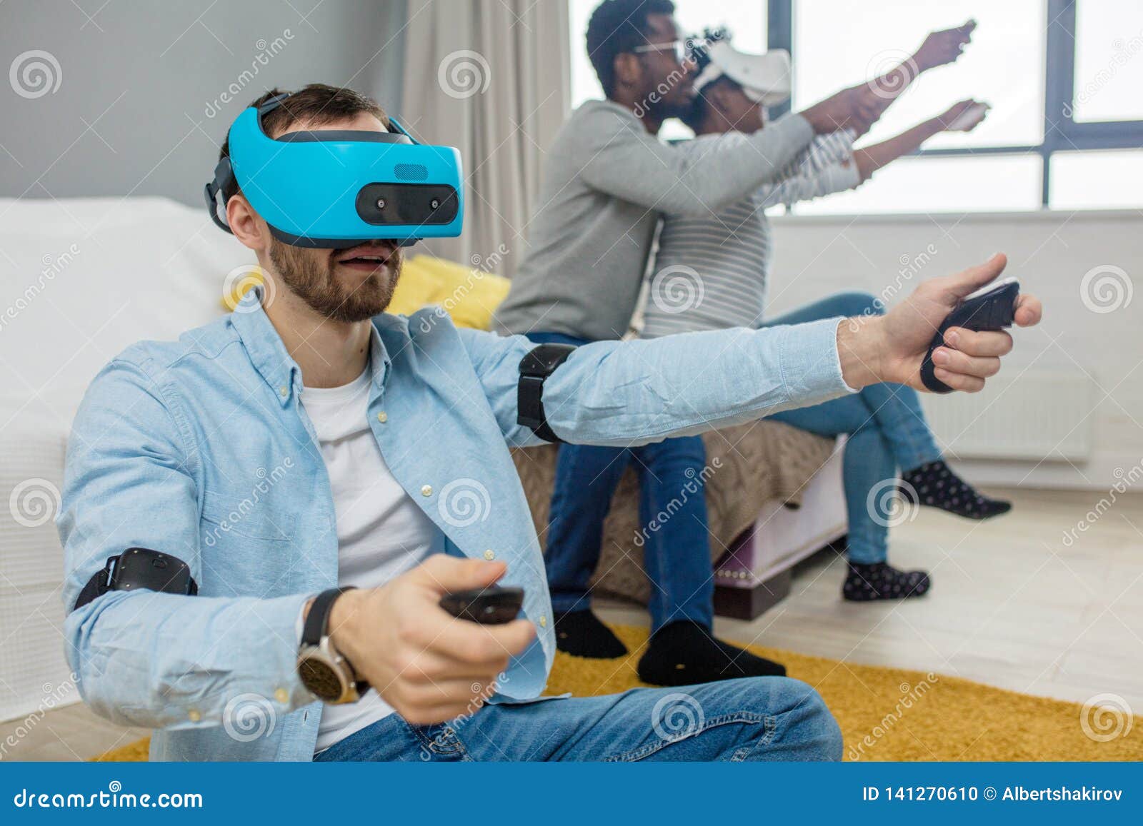 Multiracial Group of Friends Having Fun Trying on 3D Virtual Reality ...