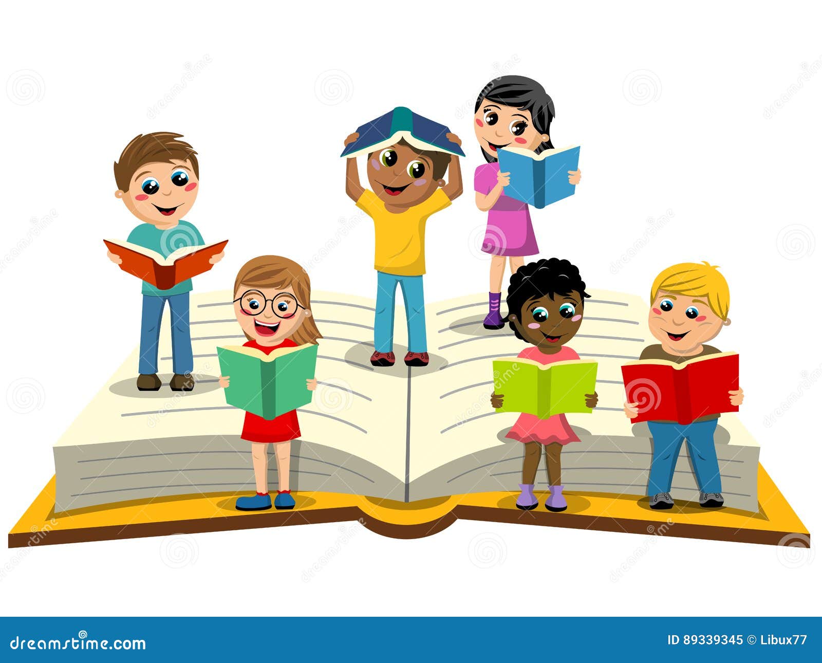 Multiracial Kids or Children Reading Big Open Book Isolated Stock ...
