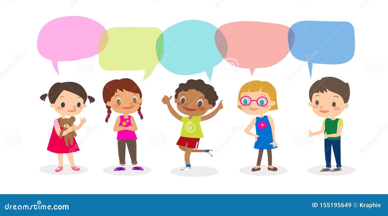 Multiracial Kids Standing And Sitting Around Table With Suspension ...