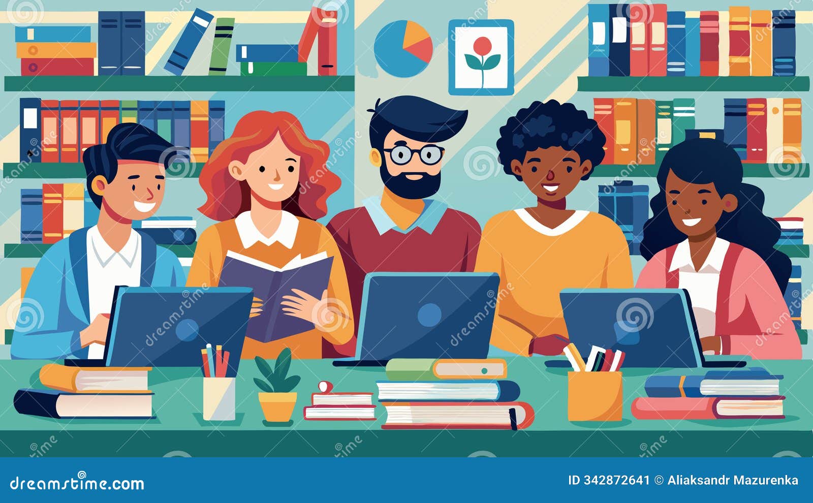 Multiracial Students Study Together. Vector Flat Illustration of ...