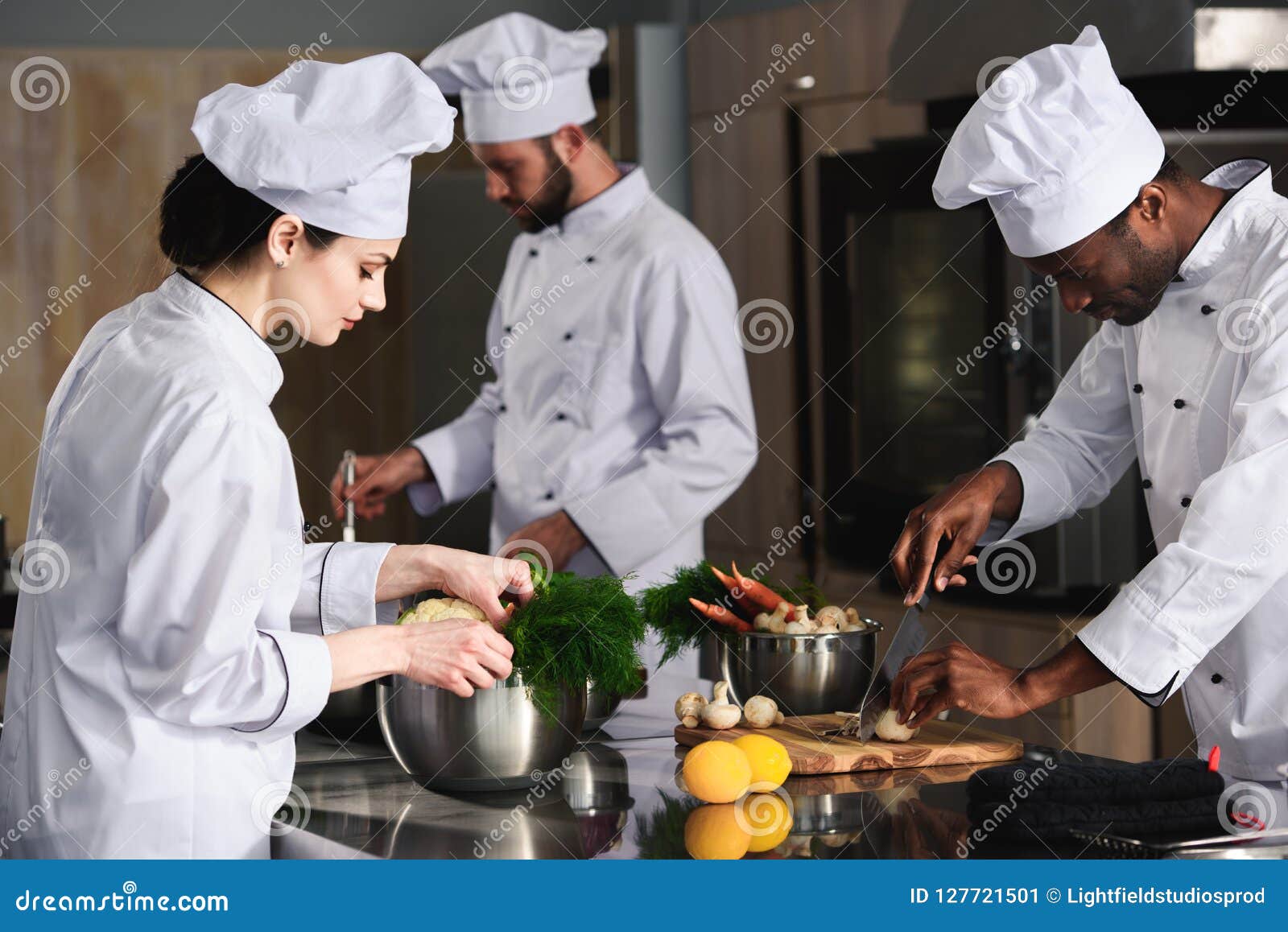 Multiracial Team of Cooks Cooking by Kitchen Stove Stock Image - Image ...