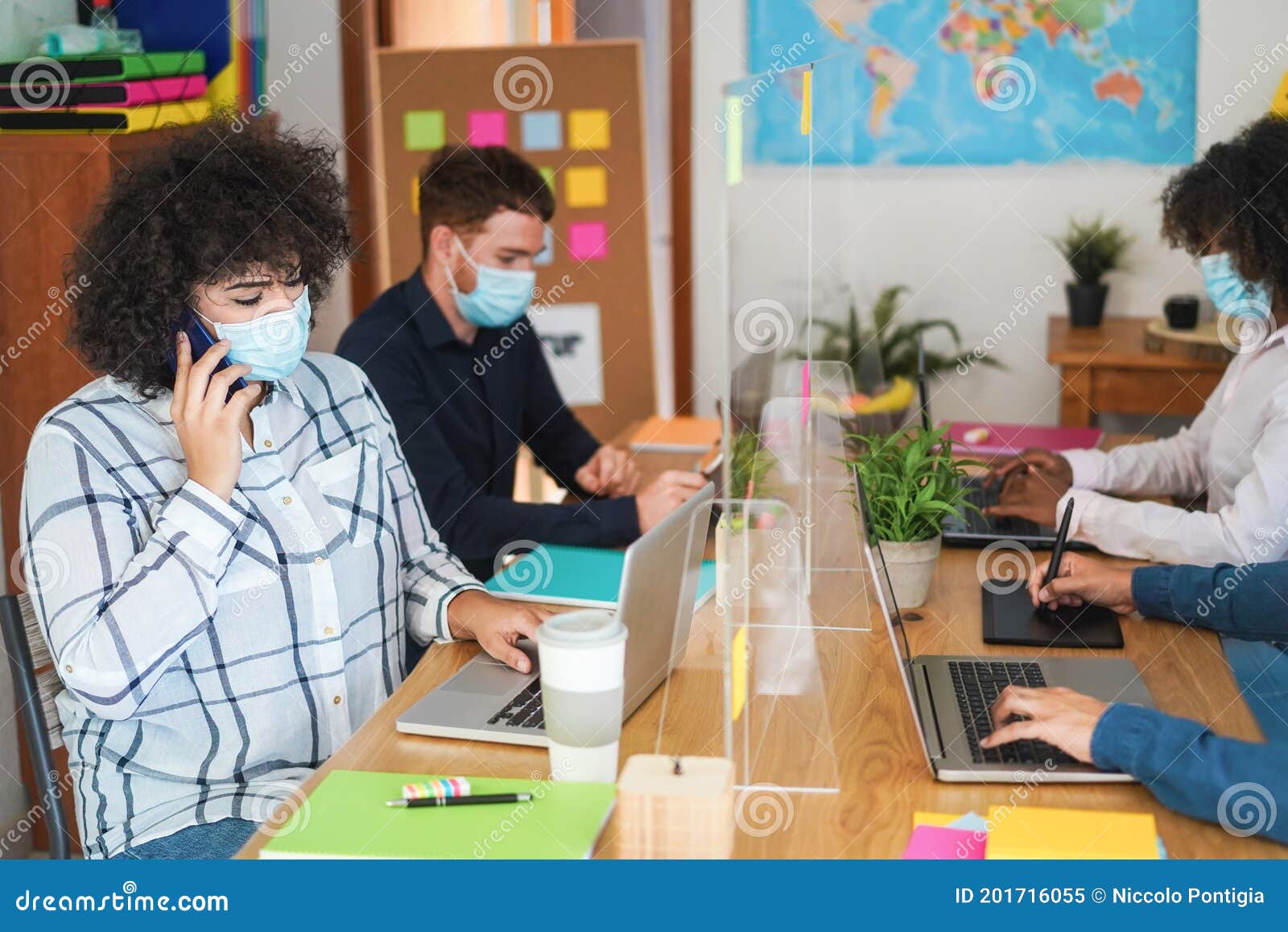 Multiracial Team Working Inside of Modern Office Wearing Masks - Focus ...