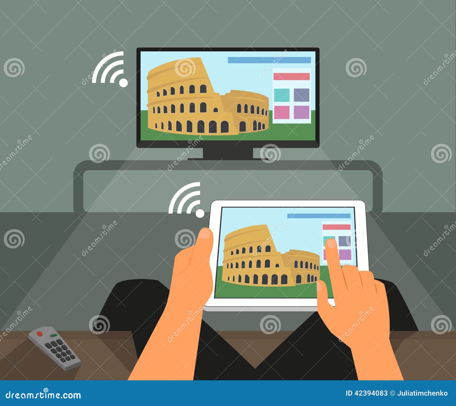 Multiscreen Interaction. Man Participates in TV Stock Vector ...