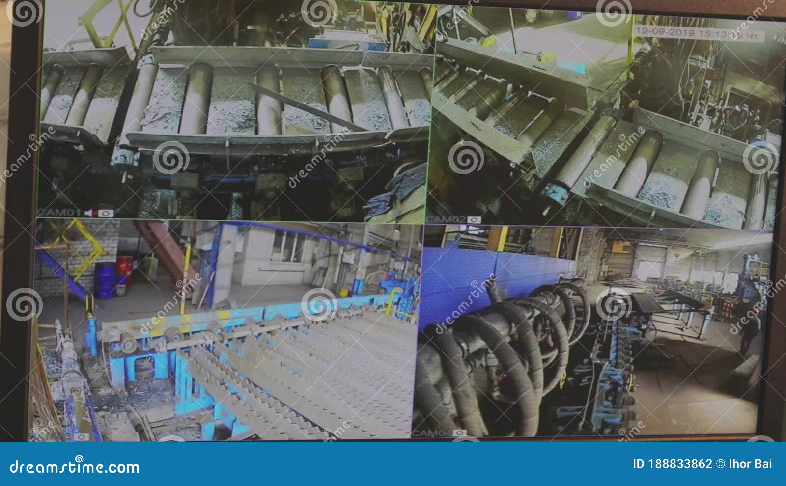 Internal Cameras for Factory Security. Multiscreen Shows Video from ...