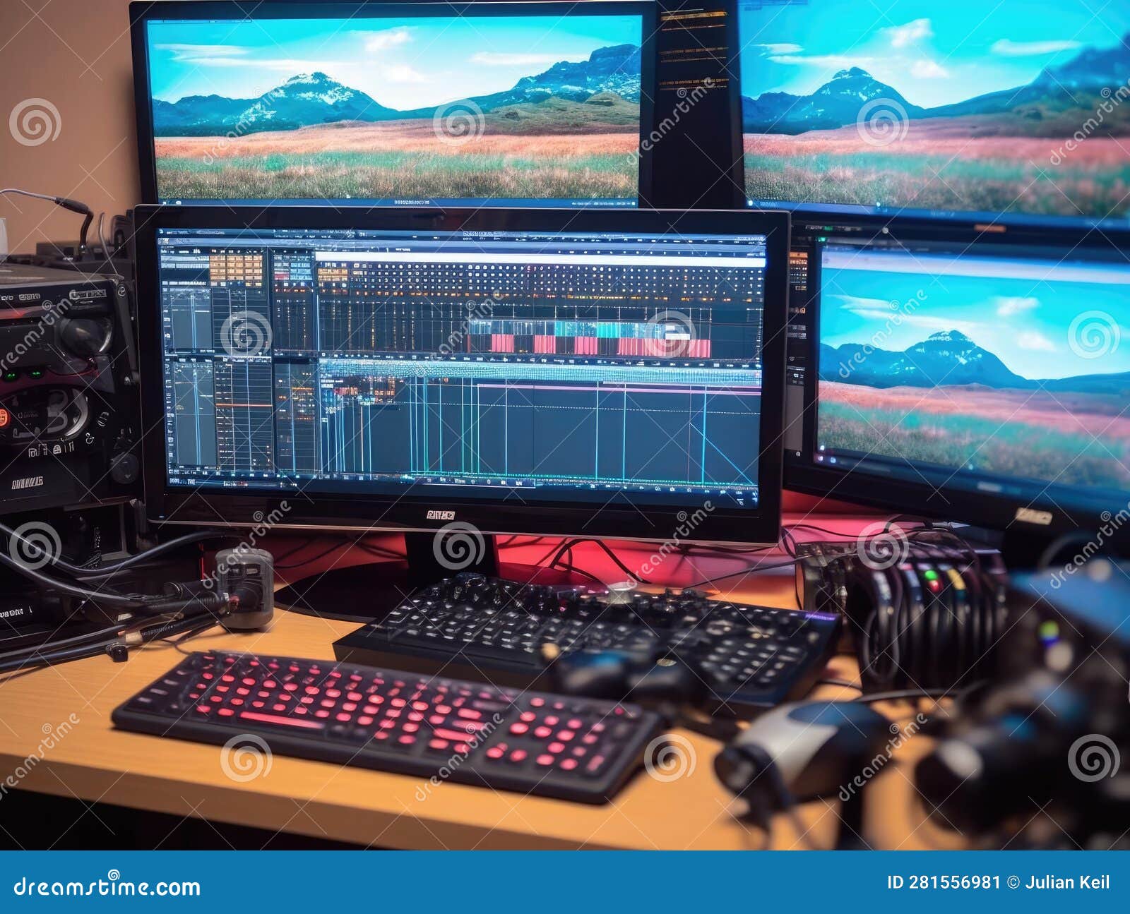 Multiscreen Video Editors in a Workspace Stock Illustration ...