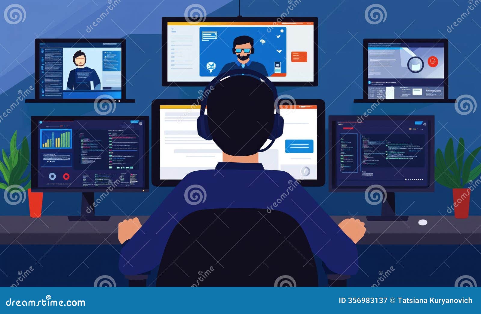 Multiscreen Workstation With Programmer And Data Analysis Tools Virtual Meetings Coding And