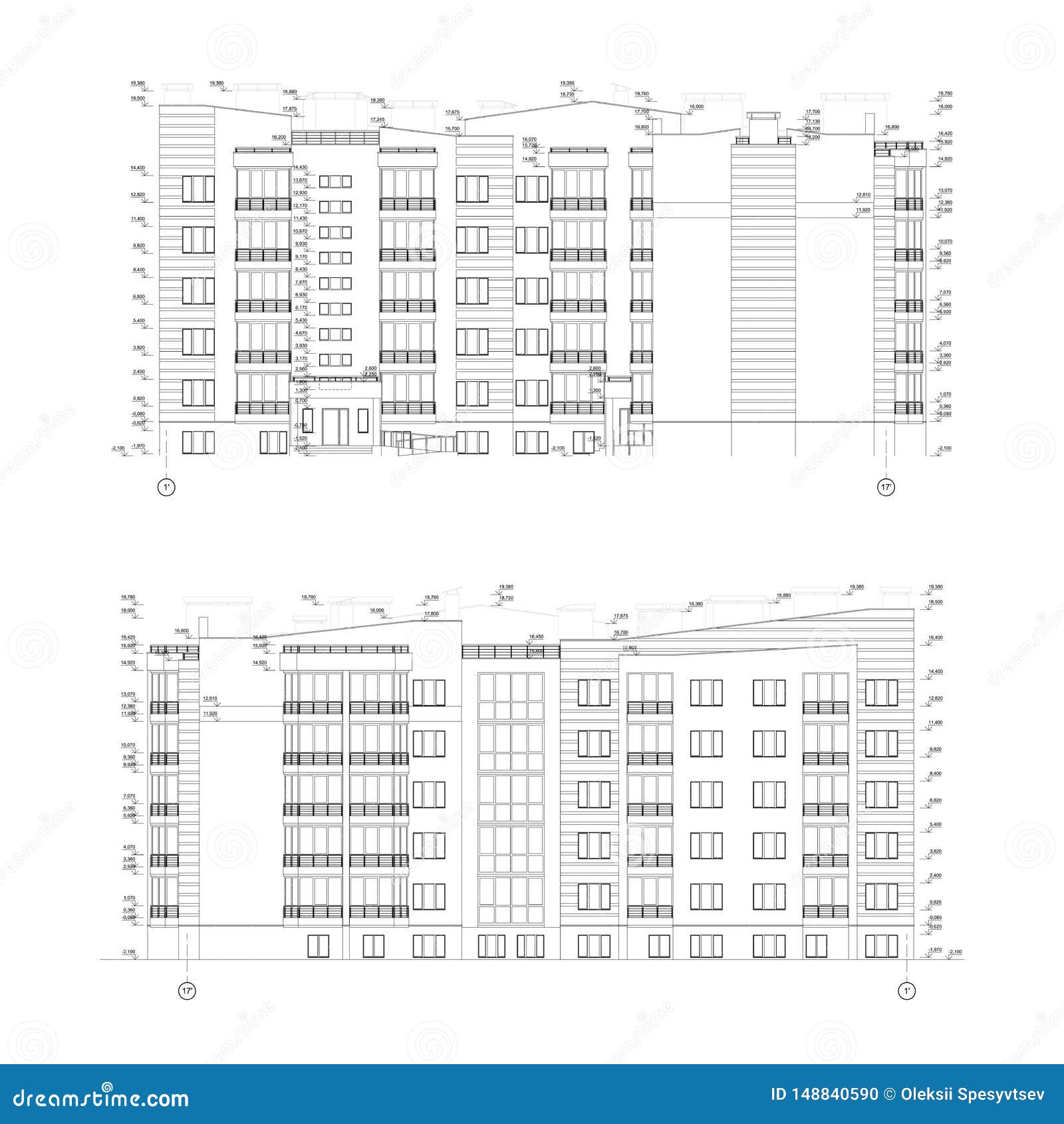 Multistory Building Facades, Detailed Architectural Technical Drawing ...