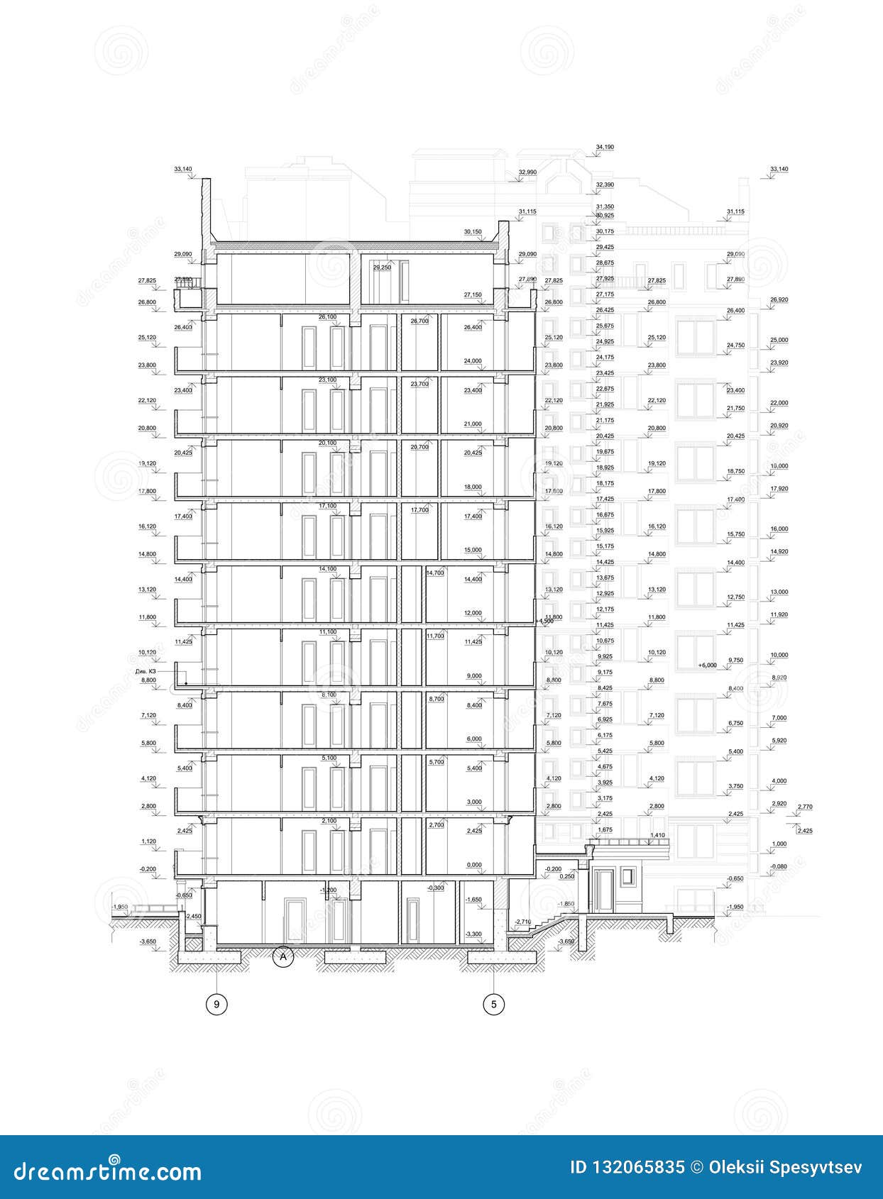 Multistory Building Section, Detailed Architectural Technical Drawing ...