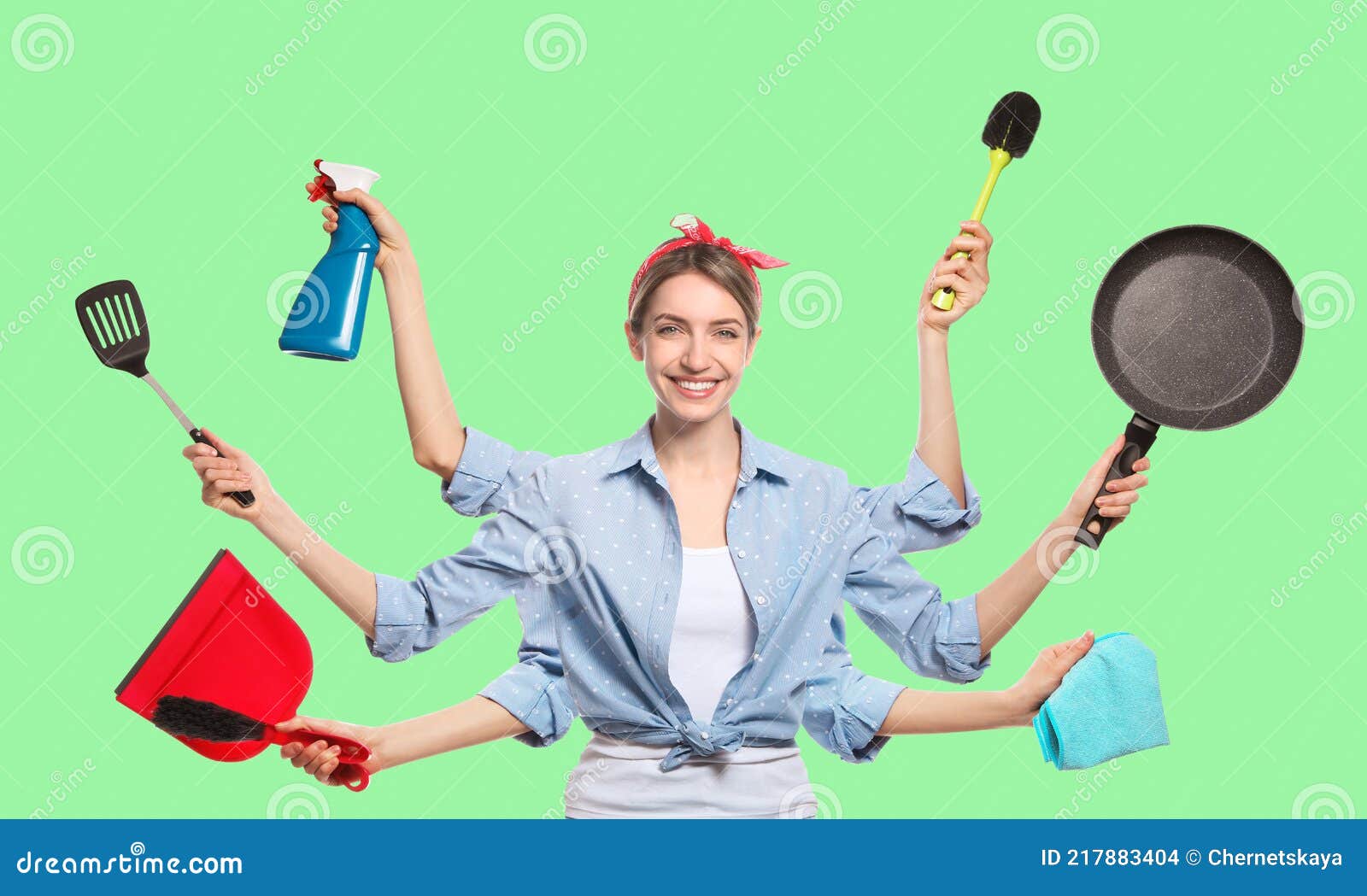 Multitask Housewife with Many Hands Holding Different Stuff on Green ...