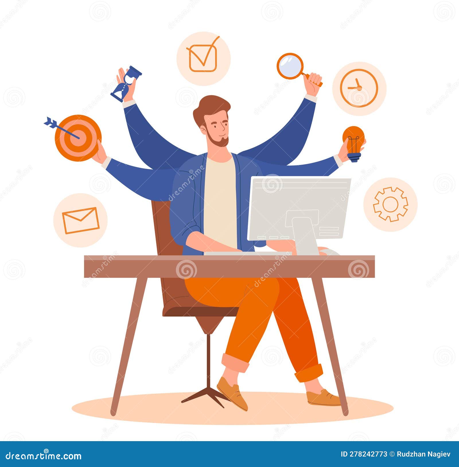 Multitask man at computer stock vector. Illustration of bank - 278242773